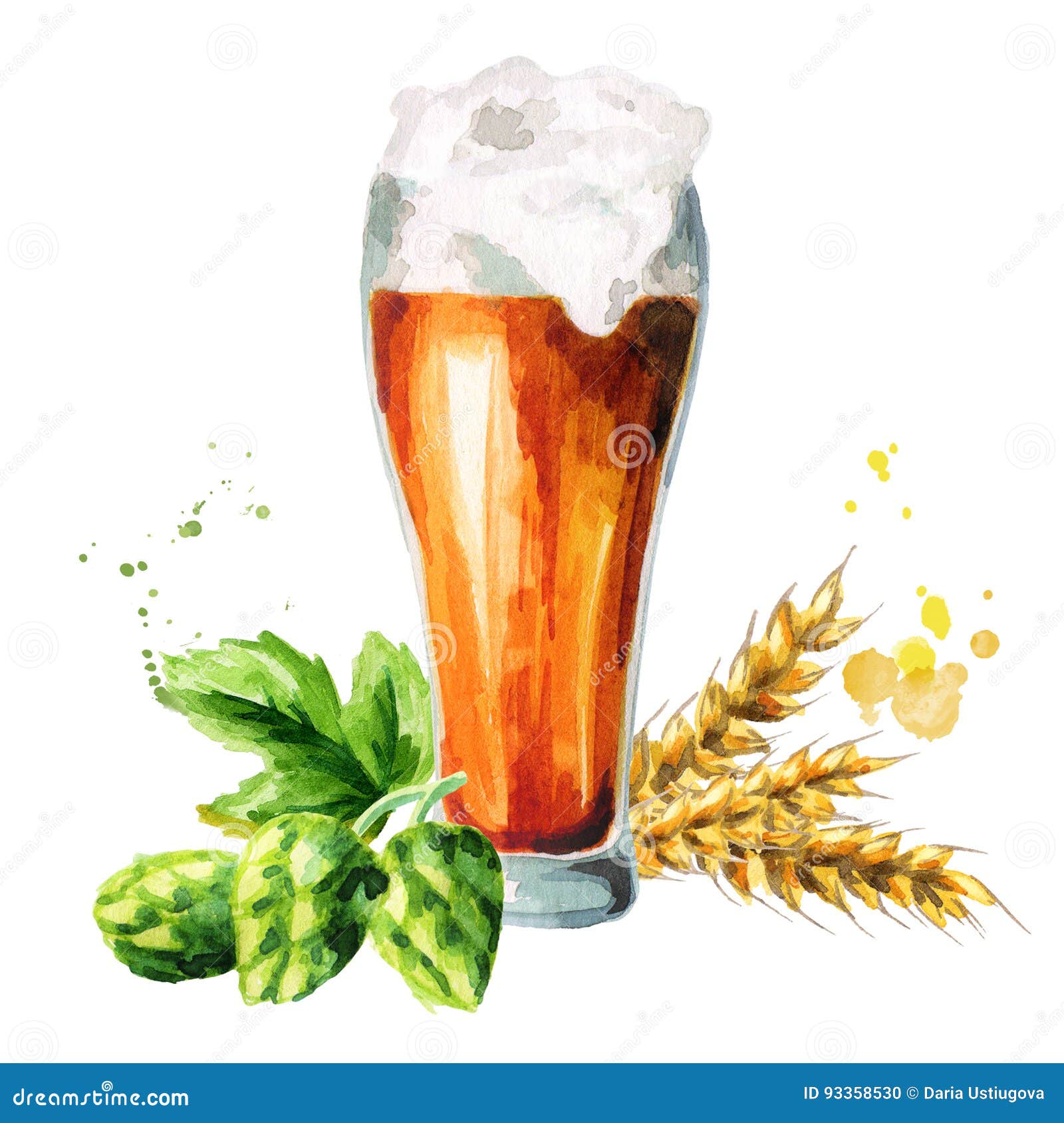 Beer, Hops, Malt Set. Watercolor Stock Illustration - Illustration of ...
