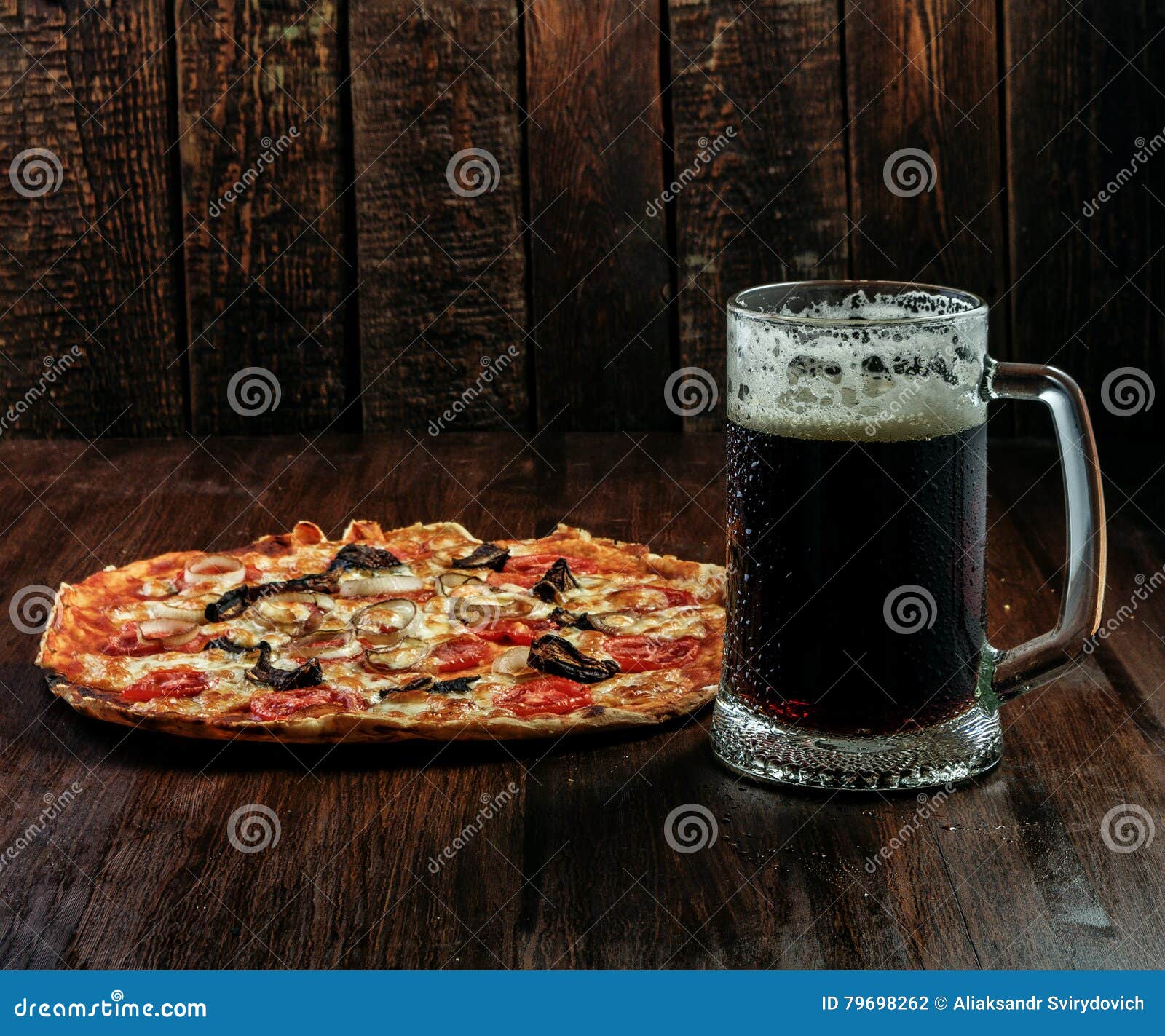 Beer Mug and Pizza on Dark Wood Background Stock Photo - Image of fresh ...