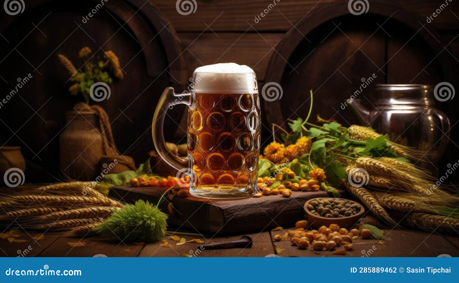 Beer Mug with Wheat and Hops in Cellar with Barrel Stock Photo - Image ...