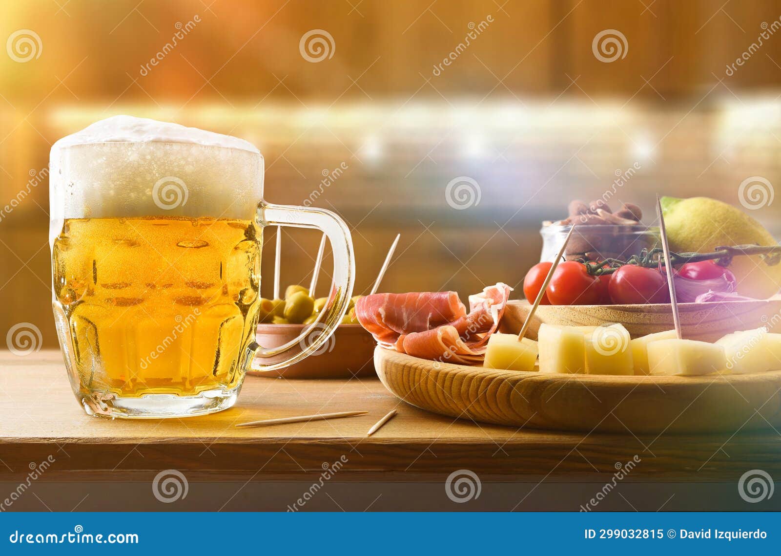 Beer Mug on Wooden Bench and Snacks in Rustic Kitchen Stock Image ...