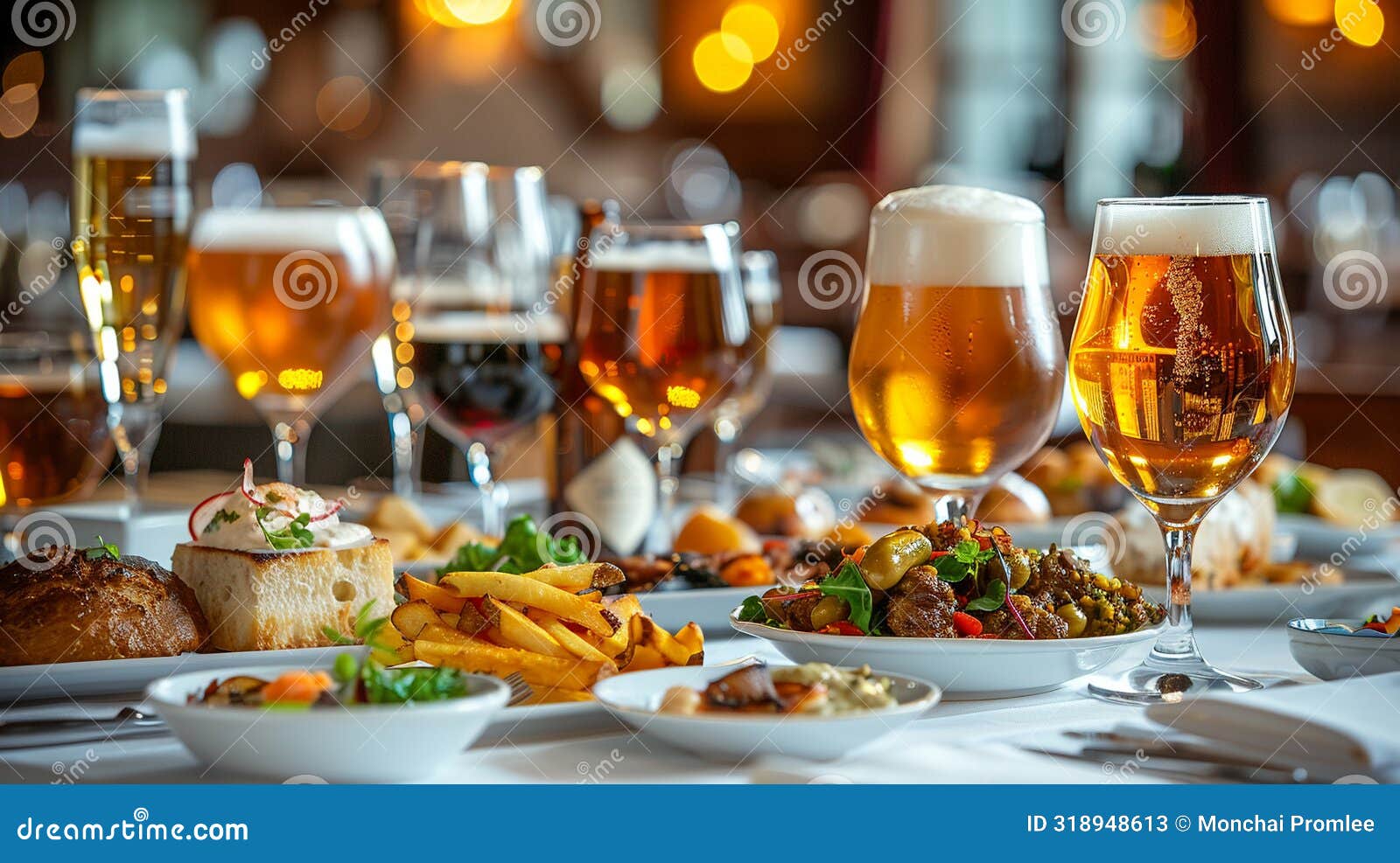 Beer Pairing Dinner Setup Featuring Gourmet Dishes and Various Beers on ...