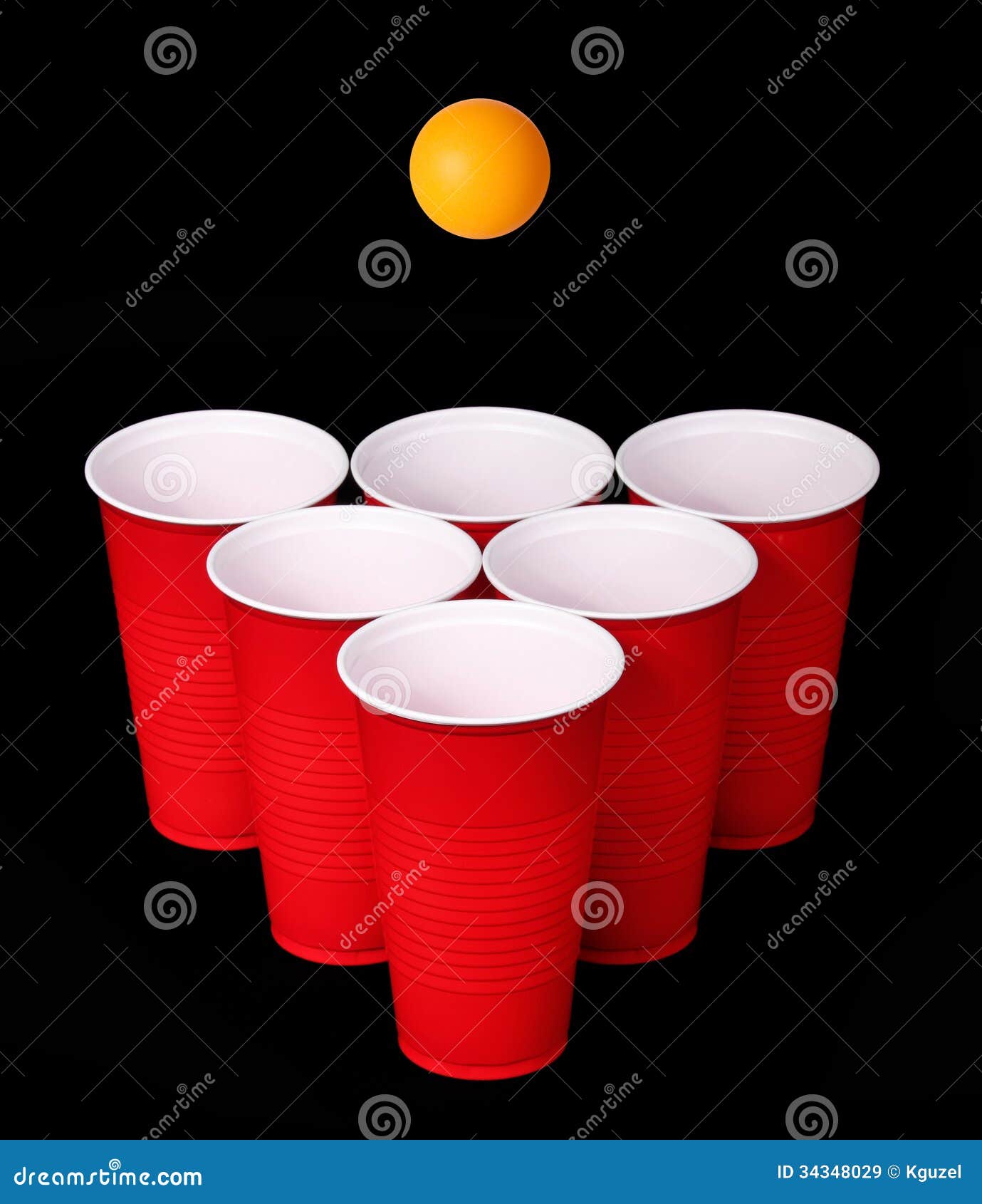 Beer Pong Red Plastic Cups And Orange Table Tennise Ball Over Black