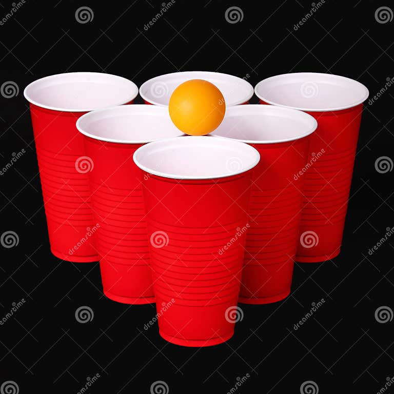 Beer Pong Red Plastic Cups And Orange Table Tennise Ball Over Black