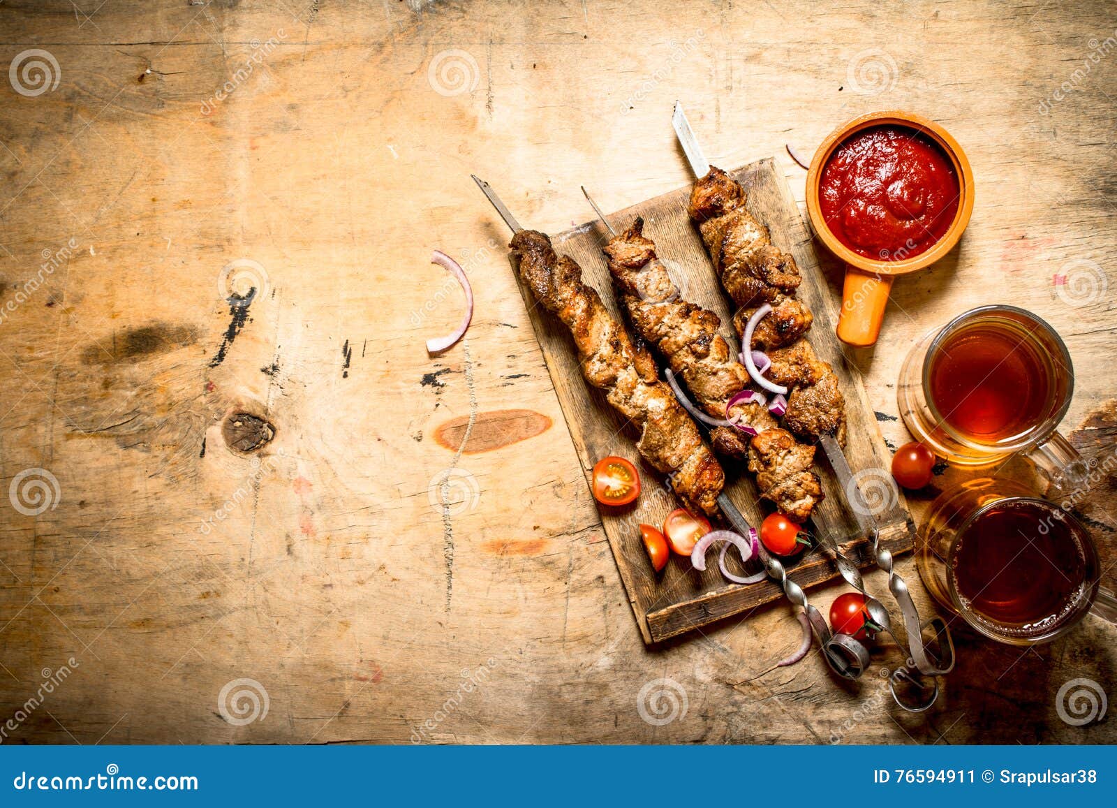 Beer with Pork Shish Kebab and Tomatoes. Stock Image - Image of rustic ...