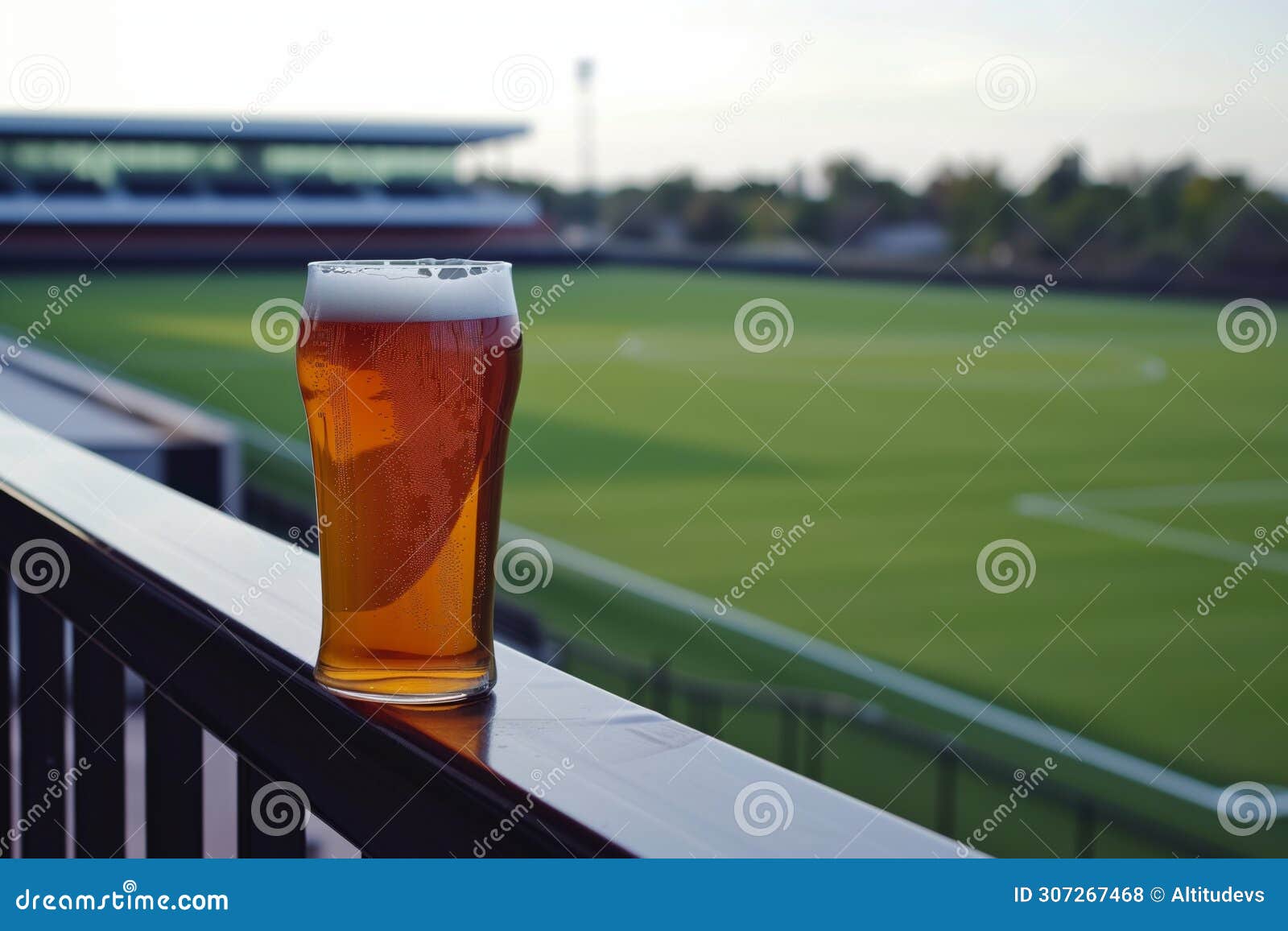 Beer on Railing, Soccer Field in Distance Stock Photo - Image of ...