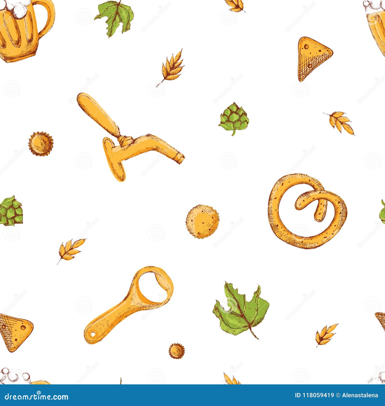 Beer Seamless Pattern with Sketch Mug, Pretzel, Wheat Isolated on White ...