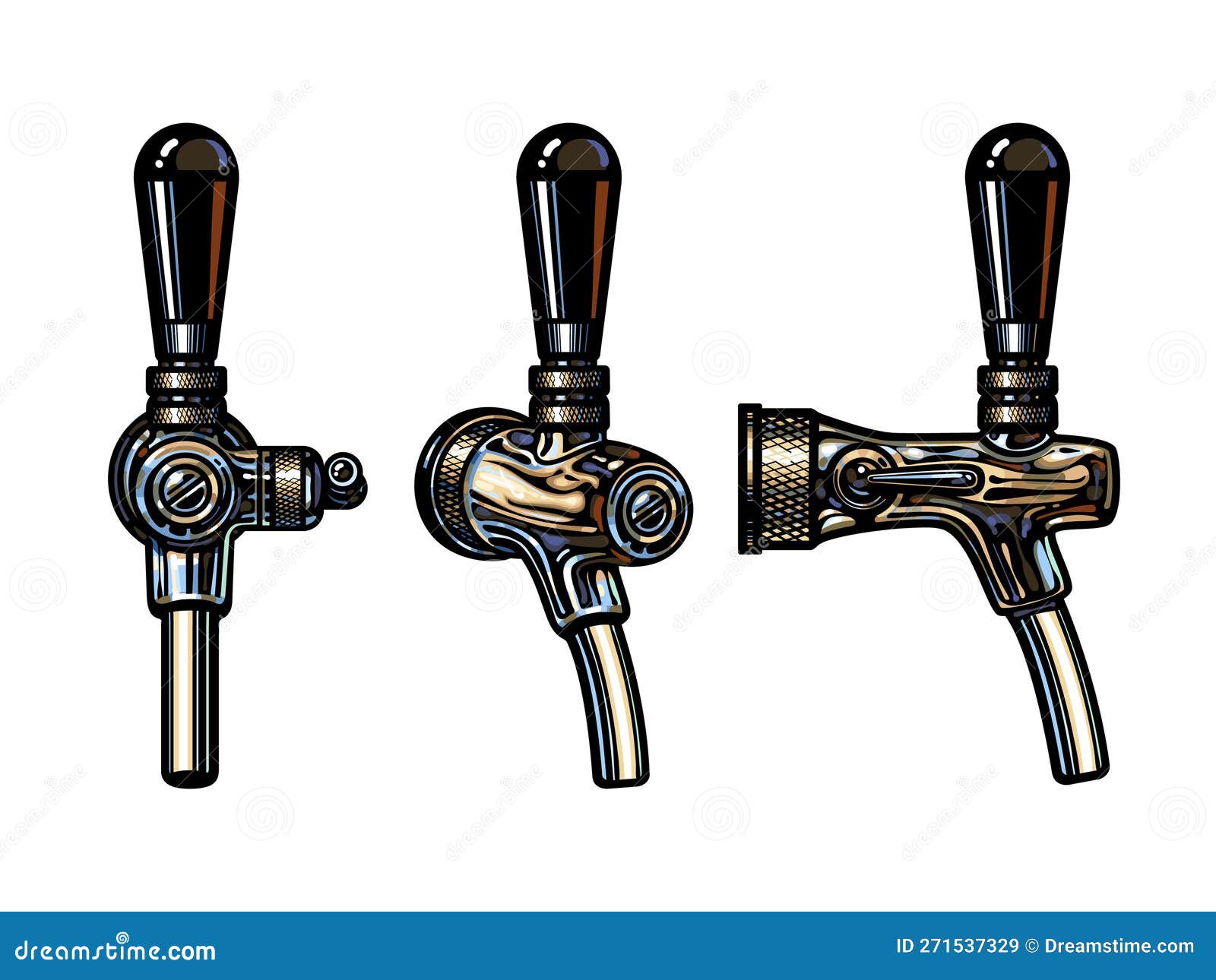 Beer Tap Front, Side and Three Quarter View. Hand Drawn Vector ...