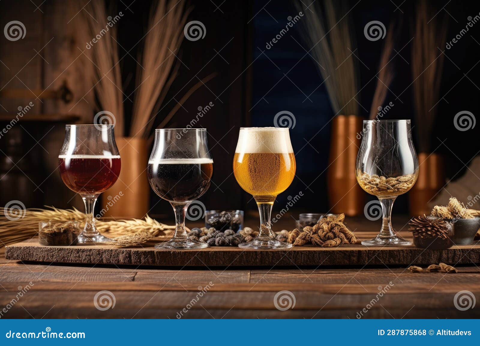 Beer Tasting Glassware Arranged on Rustic Background Stock Photo ...