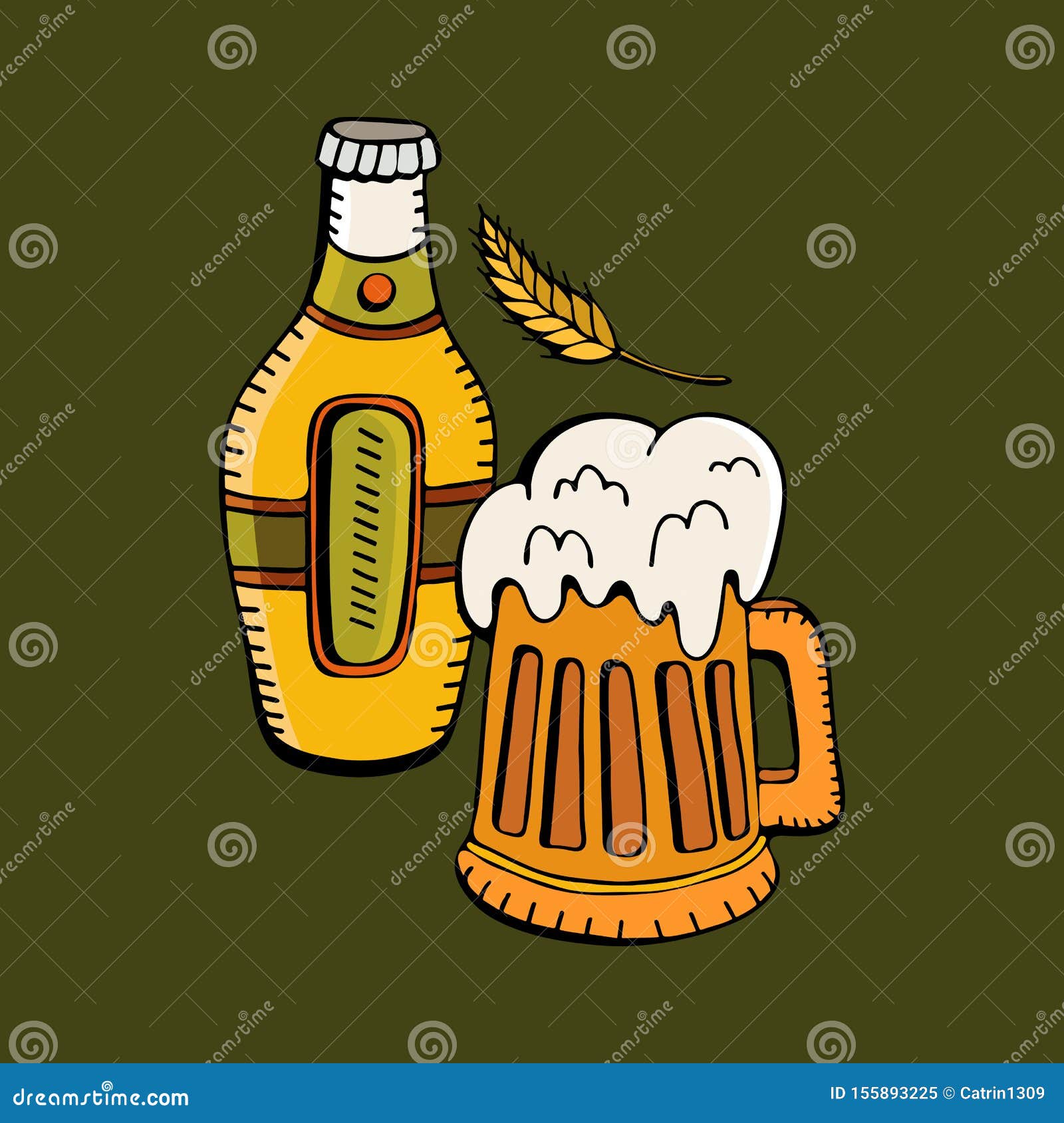 Beer Vector Set Hand Drawing. a Bottle of Beer, a Mug of Beer and ...