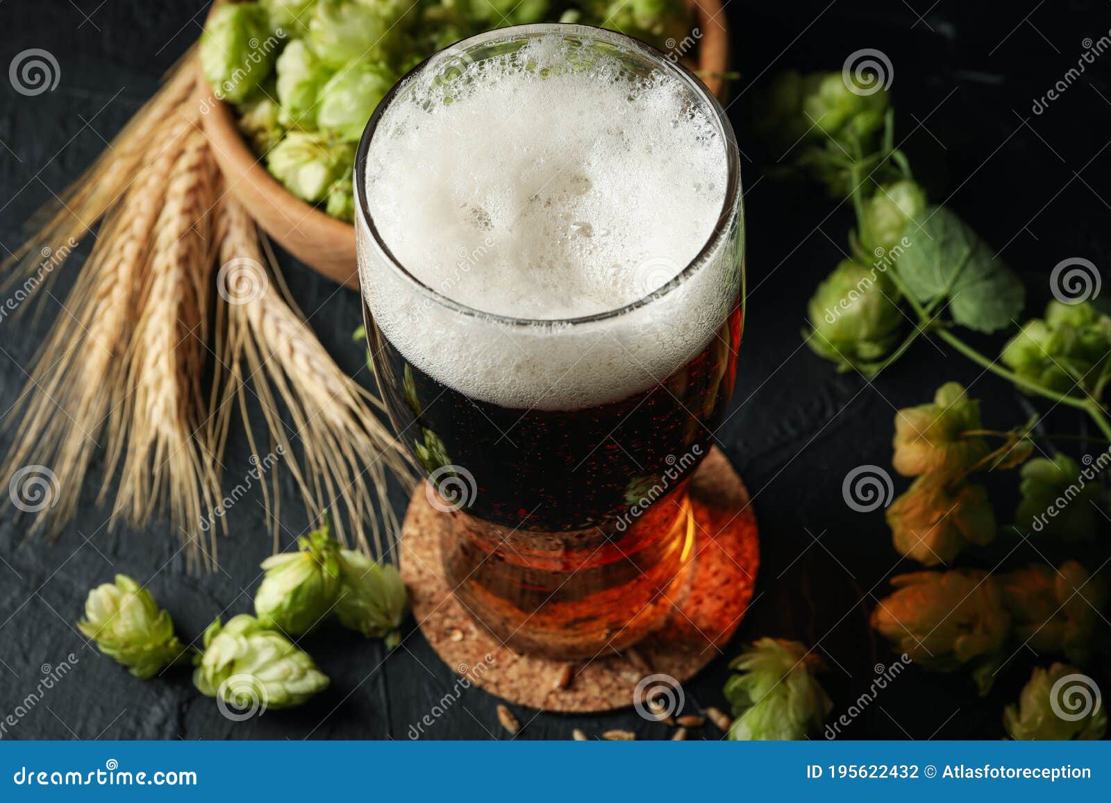 Beer, Wheat and Hop on Black Background Stock Photo - Image of party ...