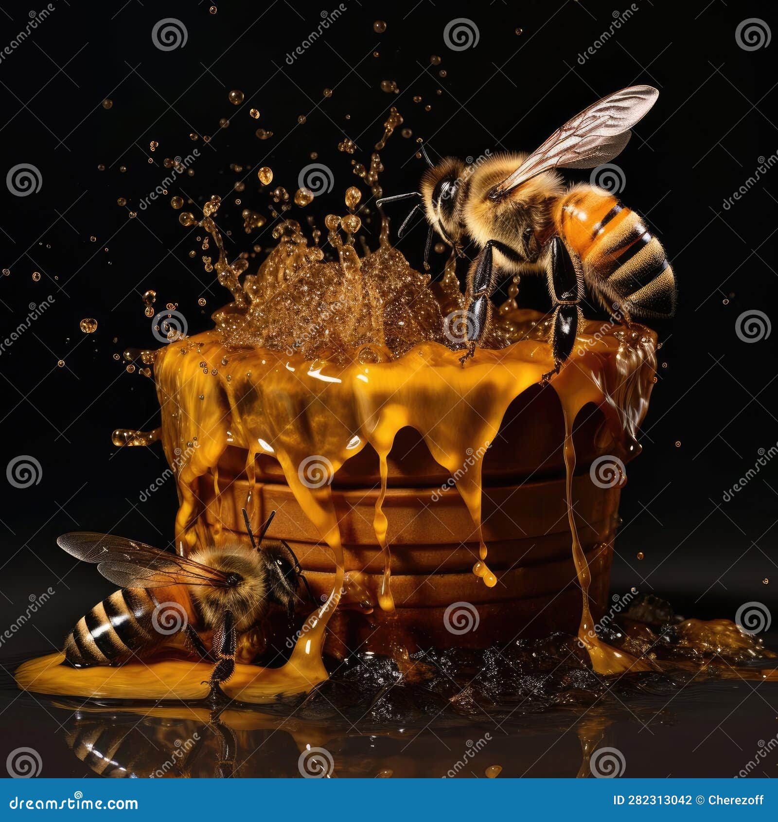 Bees and a bucket of honey stock illustration. Illustration of food ...