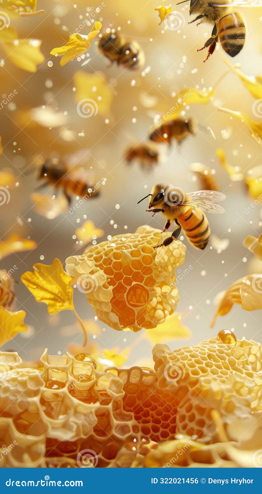 Bees Buzzing Around a Honeycomb, Gathering Nectar and Pollen Stock ...