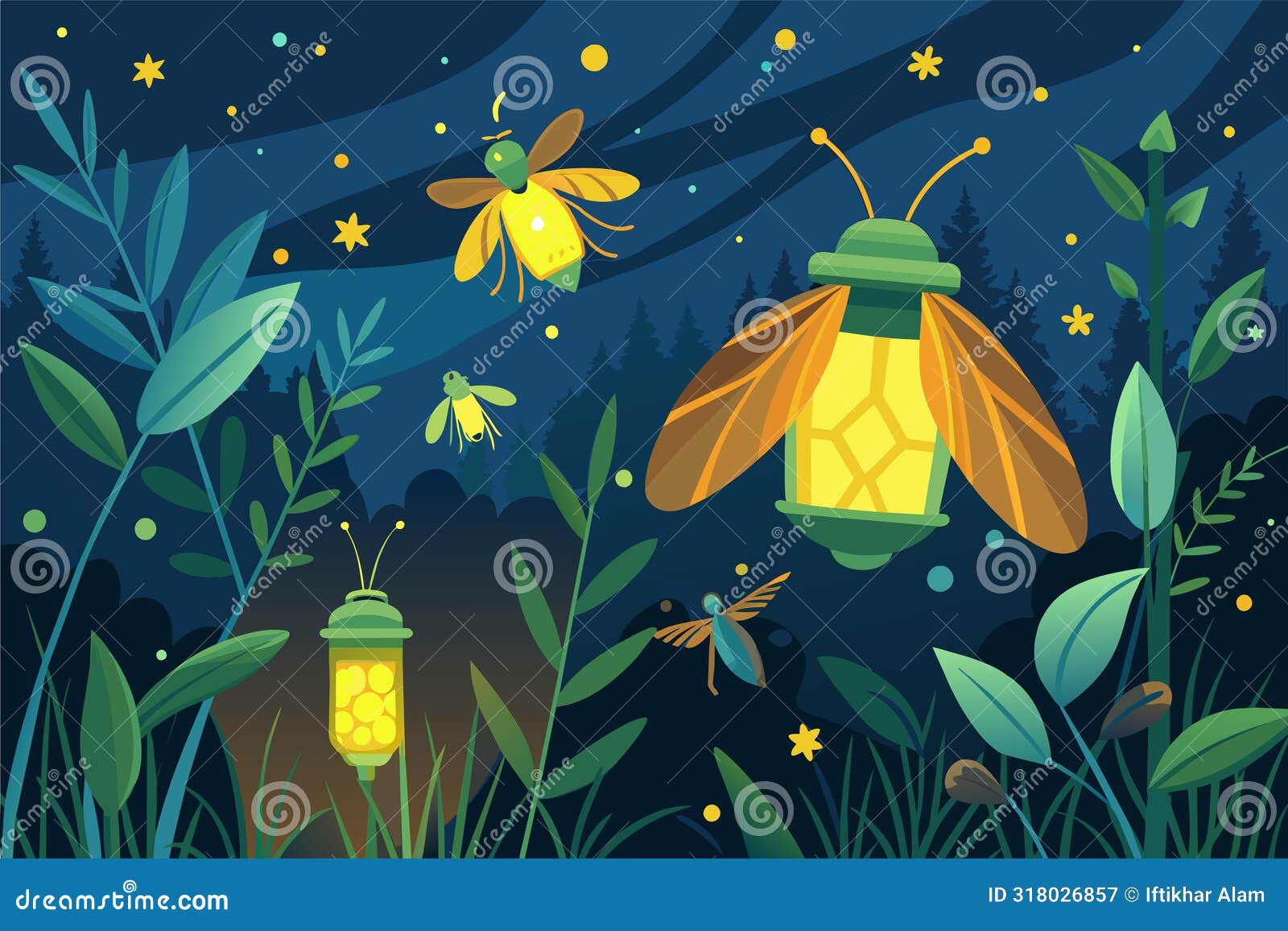 Bees Buzzing Around a Lantern in the Dark Night, Illuminated by Its ...