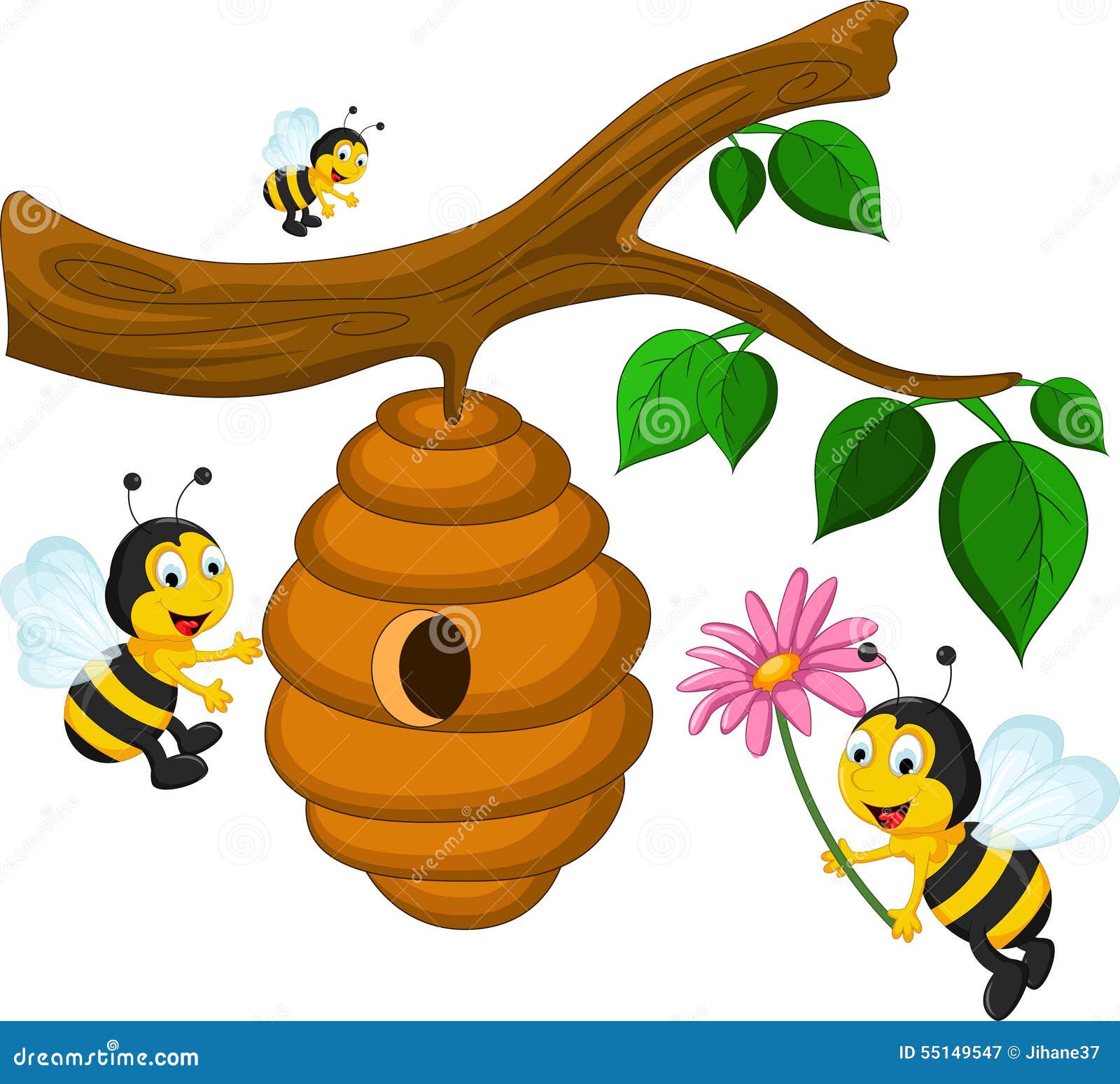 Bees Cartoon Holding Flower And A Beehive With Forest Background ...