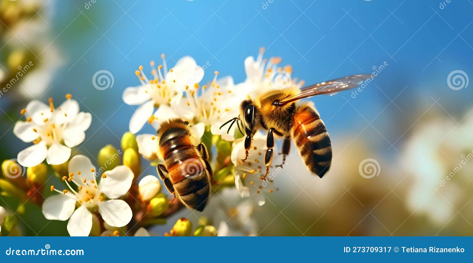 Bees Collecting Nectar on Flowers Against Blue Sky Background ...