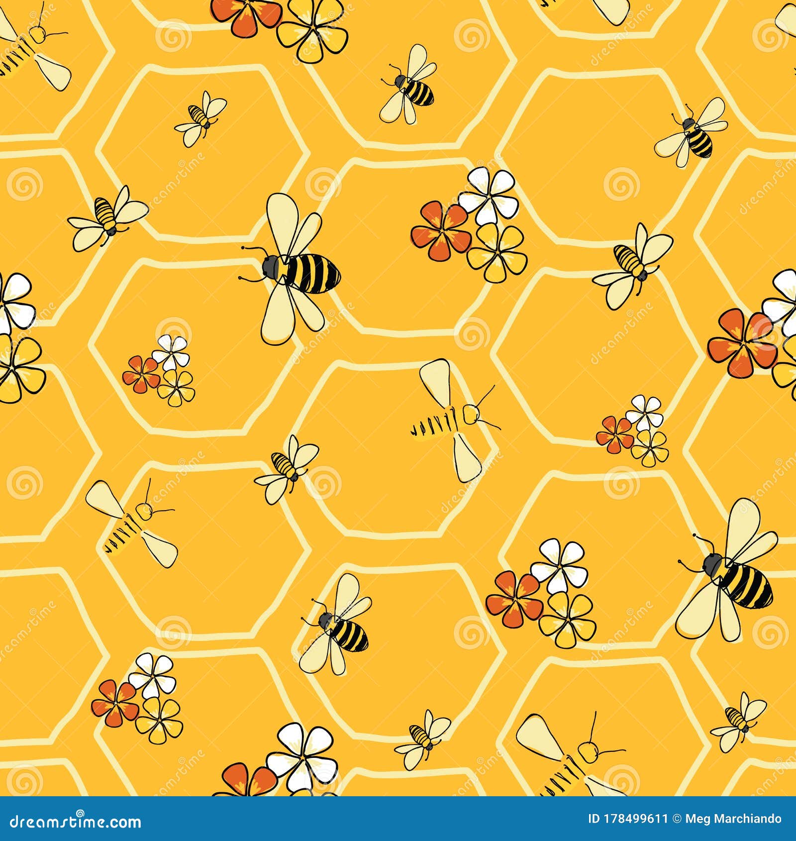 Honeycomb Life Bees and Flowers Seamless Pattern Vector on Yellow Honey ...