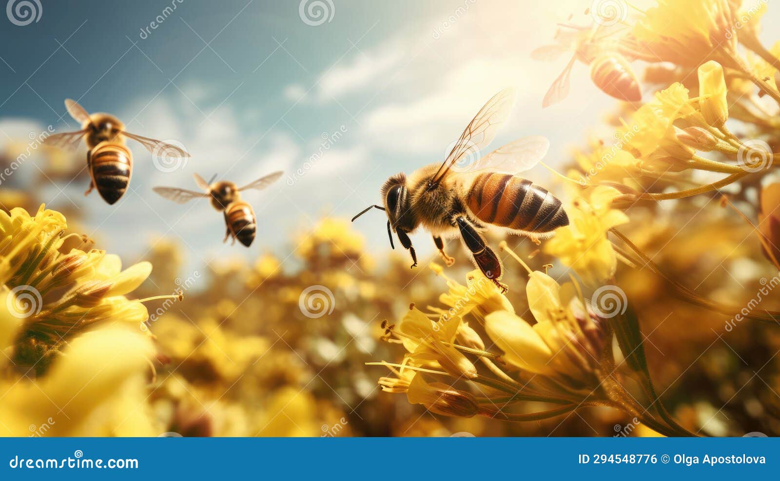 Bees Harvest Nectar in a Flower Field Stock Illustration - Illustration ...