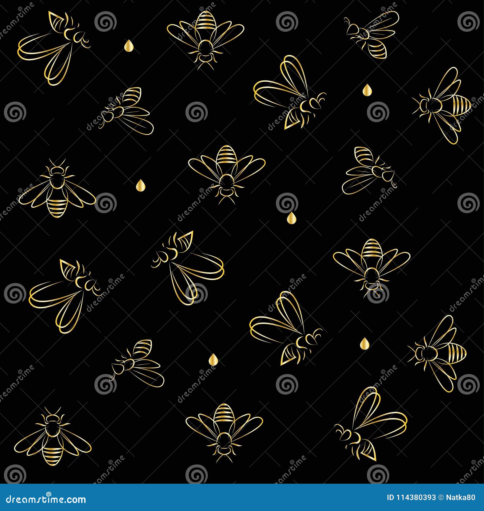 Bees and Outline in Gold on Black Background Stock Vector ...