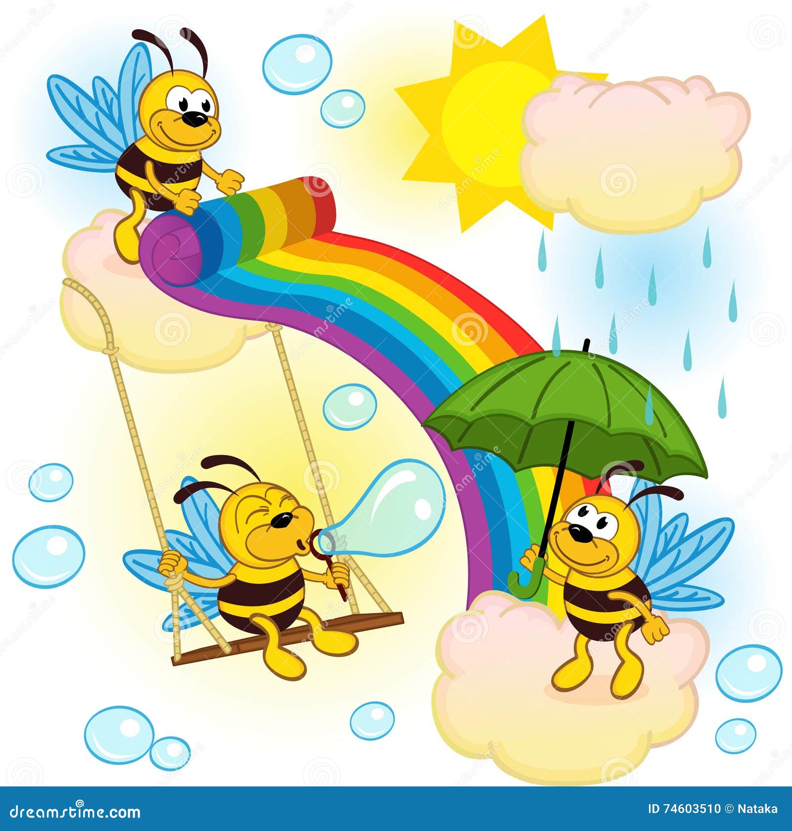 Bees Playing in Sky with a Rainbow Stock Vector - Illustration of ...