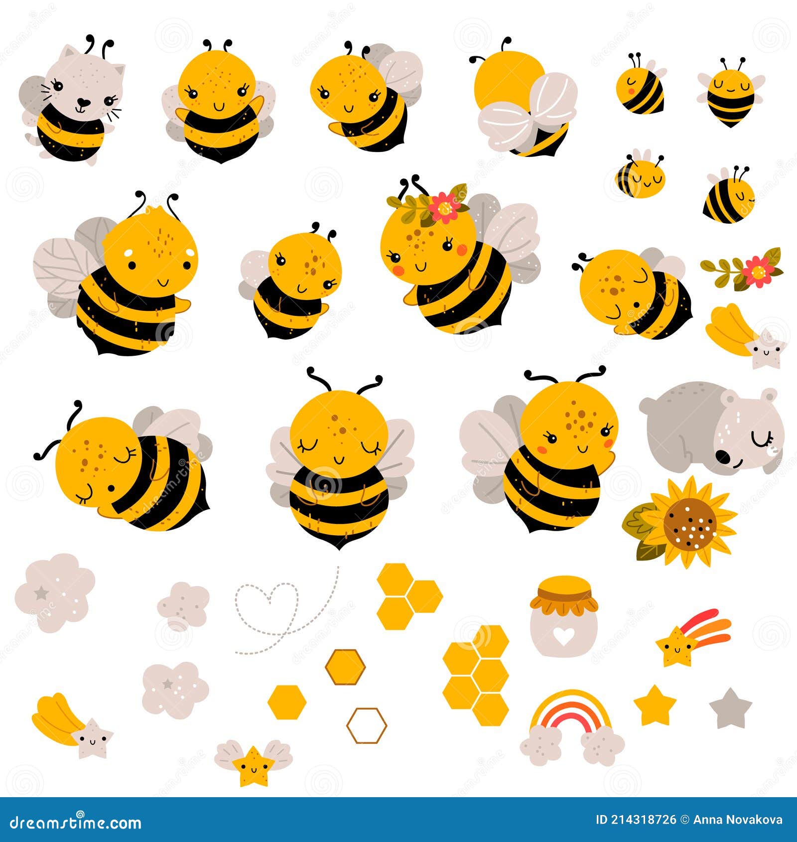 Bees Set Honey Clipart Hand Drawn Bee Honey Elements Stock Illustration ...