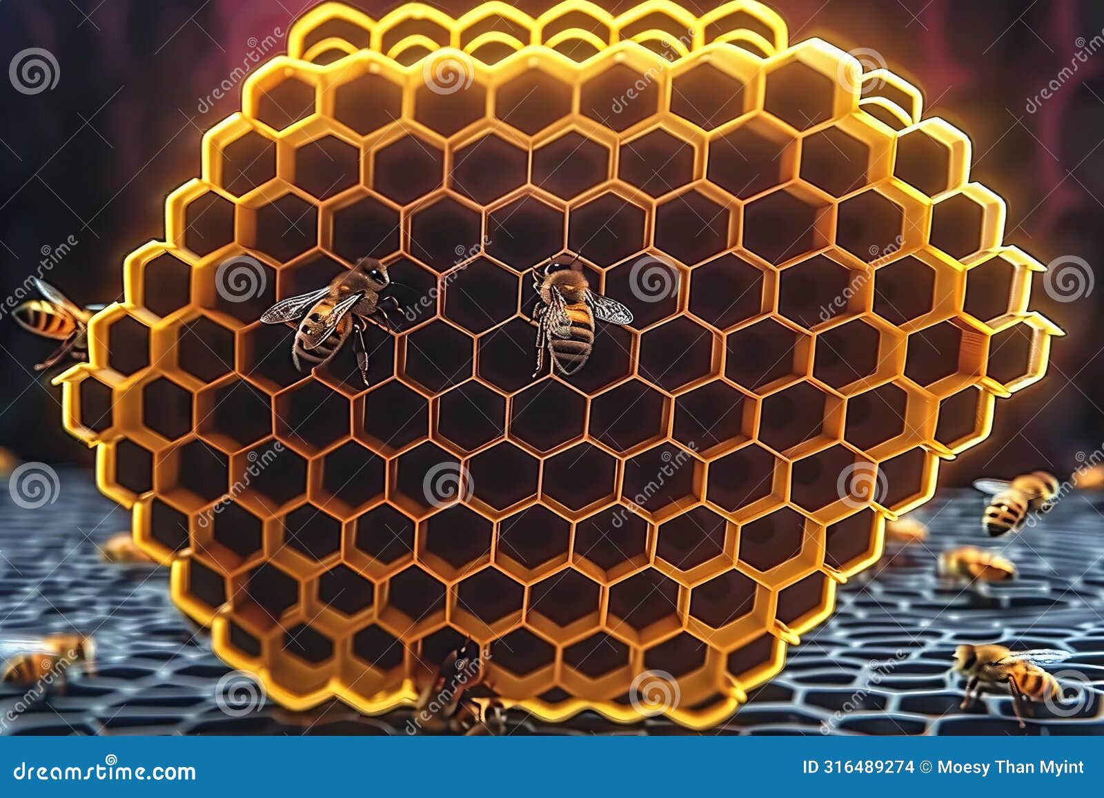 Bees Working on Artificial Hexagonal Beehive. Futuristic Bee Keeping Concept Stock Illustration ...