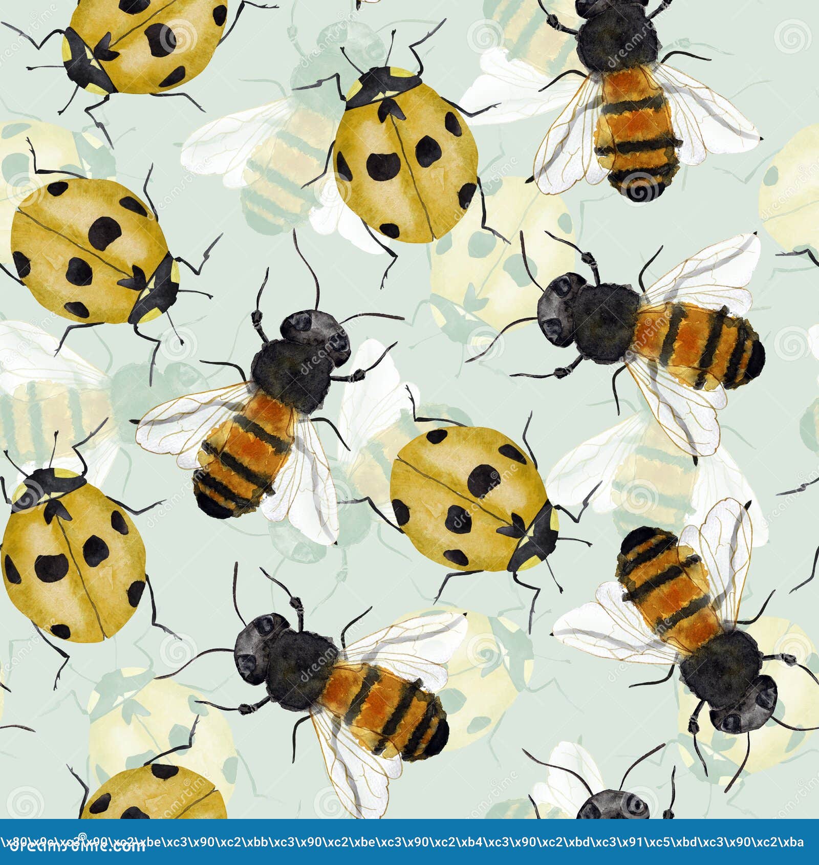 Bees and Yellow Beetle with Black Spots Watercolor Seamless Pattern ...