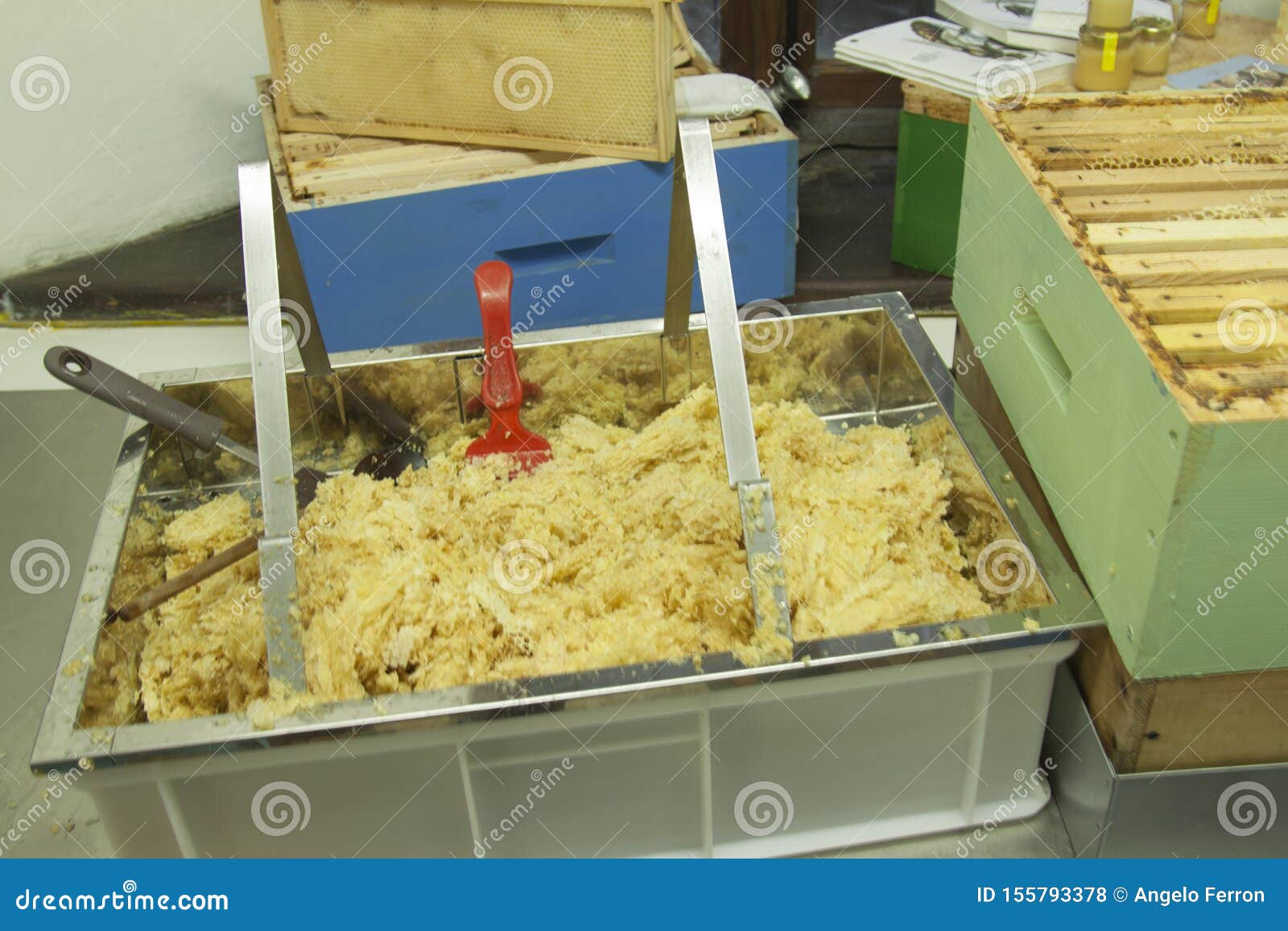 Beeswax and Honey Bee Hive Processing Stock Photo - Image of farm ...