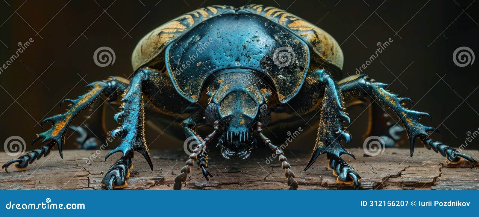 Beetle with Blue and Yellow Armor-plated Exoskeleton in Front View ...
