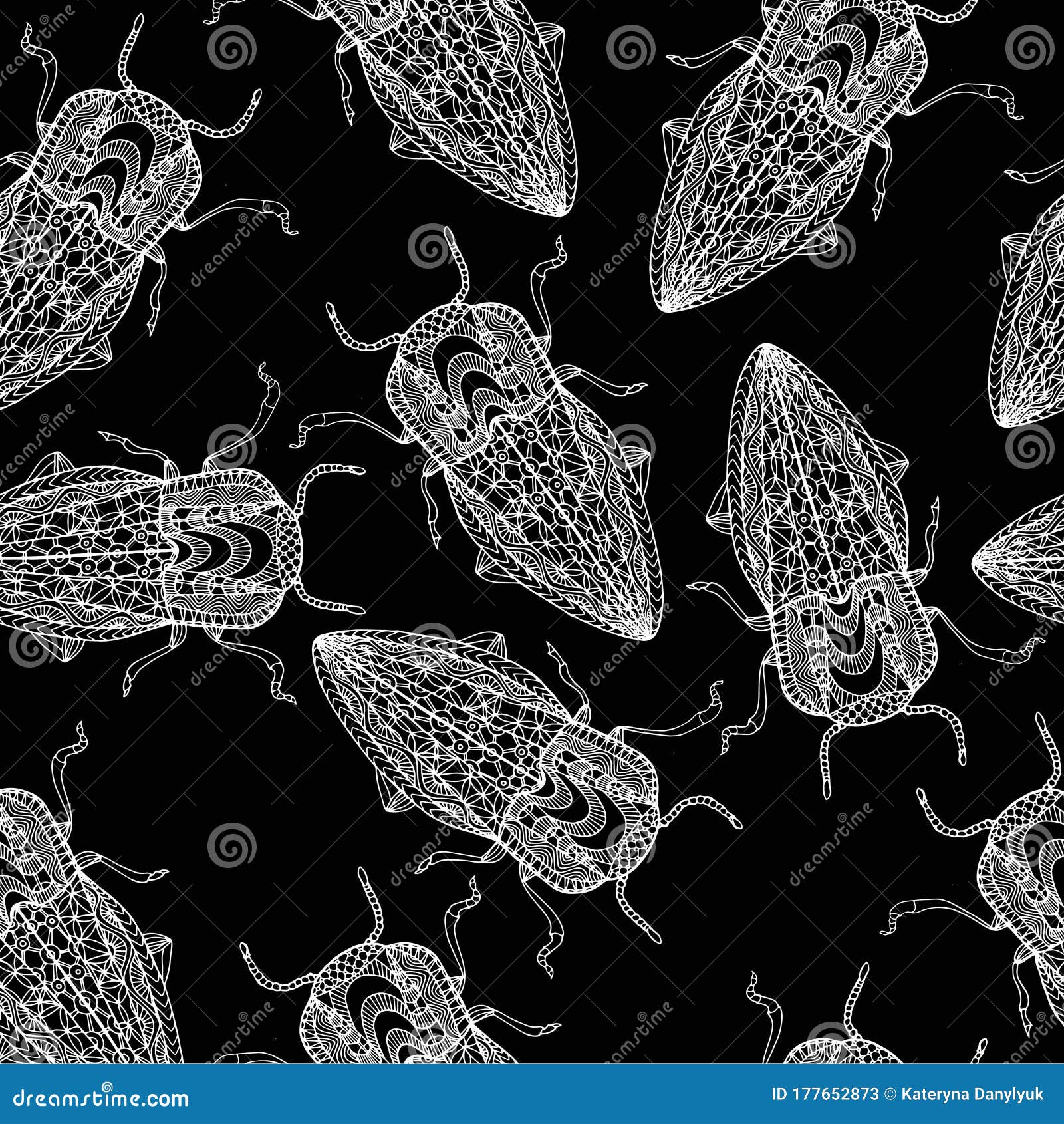 Beetles Doodle Seamless Pattern. Monochrome Art Design Elements Stock ...