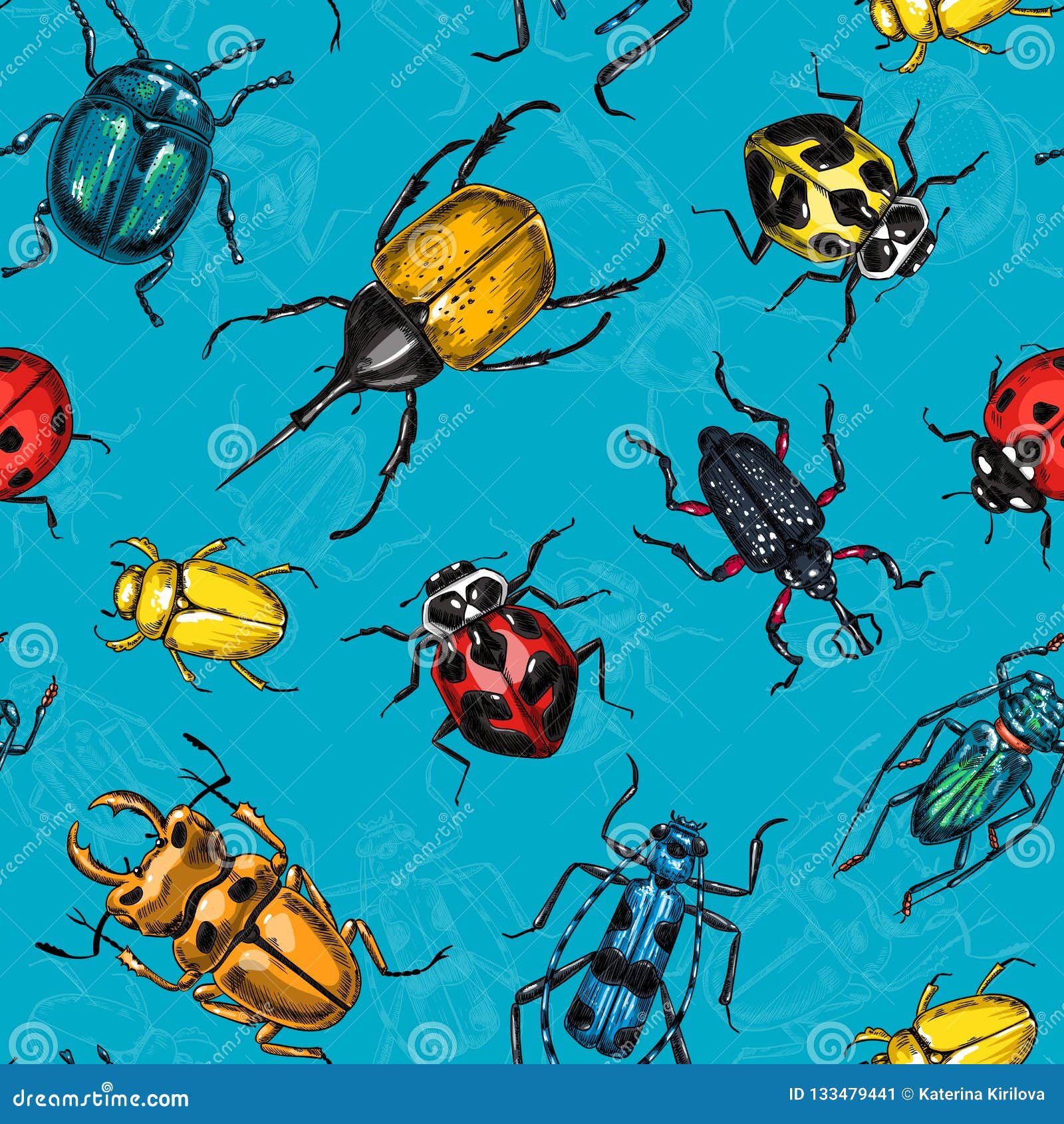 Beetles Seamless Hand Drawn Pattern Stock Illustration - Illustration ...