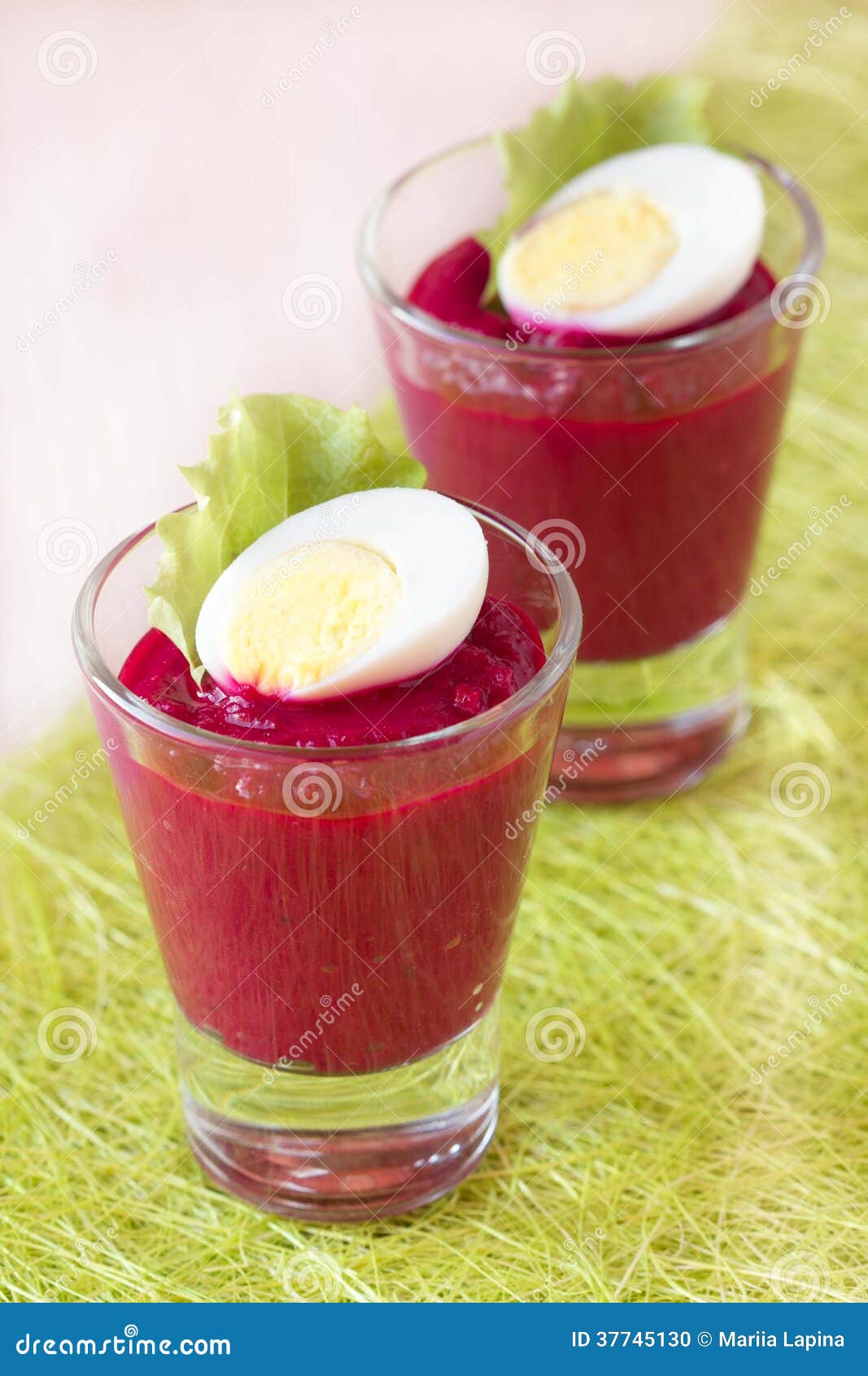 Beetroot, Beet Cream Salad, Mousse with Eggs in Shot Glass Stock Photo ...