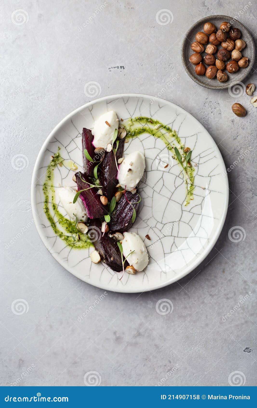 Beetroot and Cream Cheese Salad with Nuts and Pesto Sauce Stock Photo ...