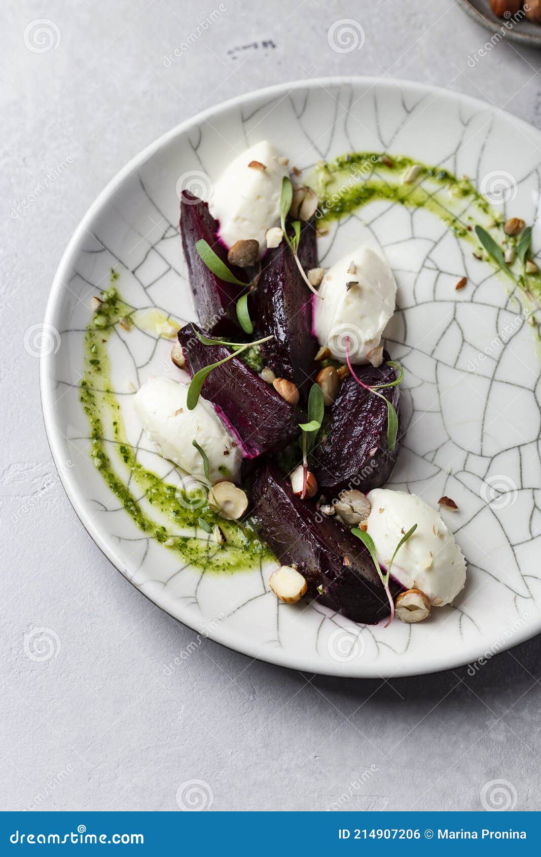 Beetroot and Cream Cheese Salad with Nuts and Pesto Sauce Stock Photo ...