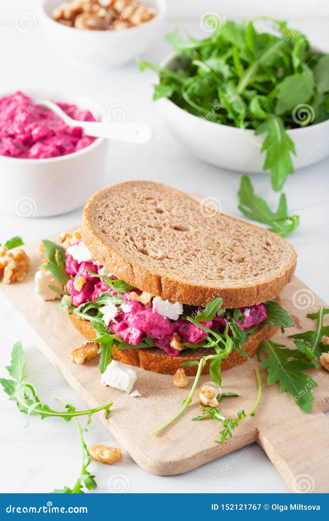 Beetroot and Feta Cheese Sandwich with Walnuts and Rocket Stock Image ...