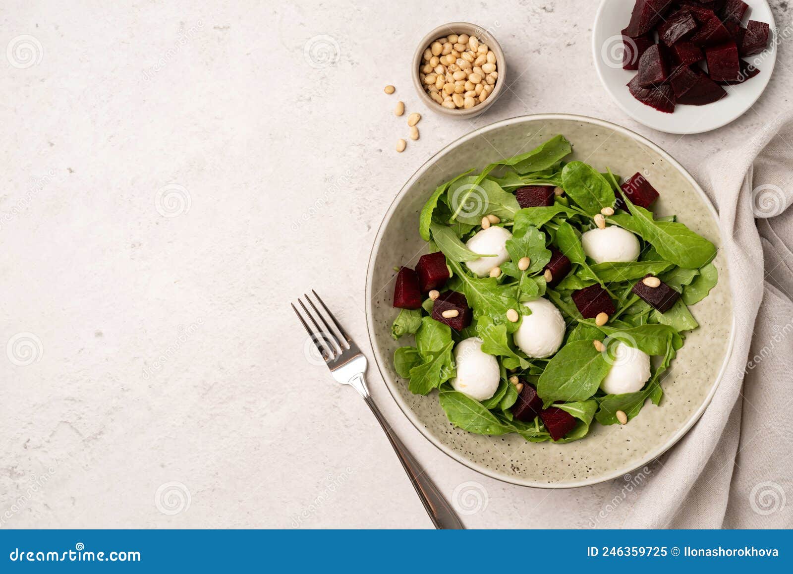 Beetroot, Mozzarella and Arugula Salad with Pine Nuts Top View Stock ...