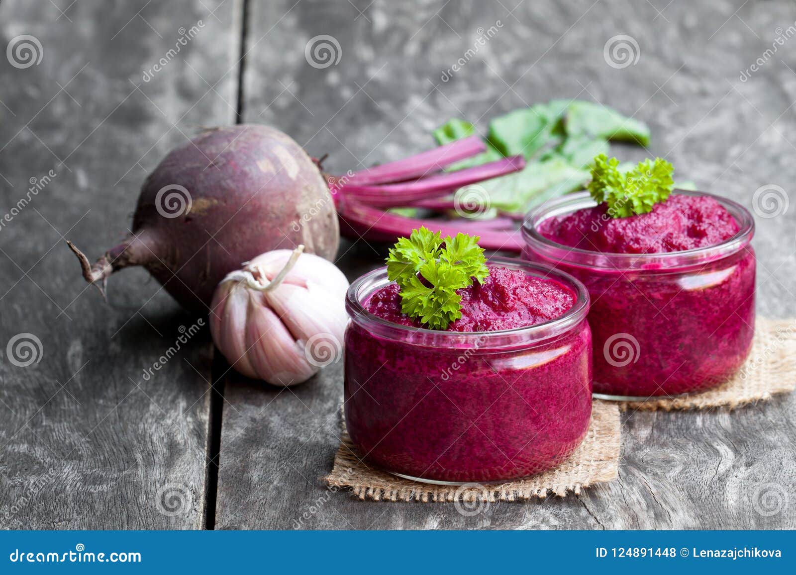 Beetroot Puree in Glass Jars on Wooden Table Stock Photo - Image of ...