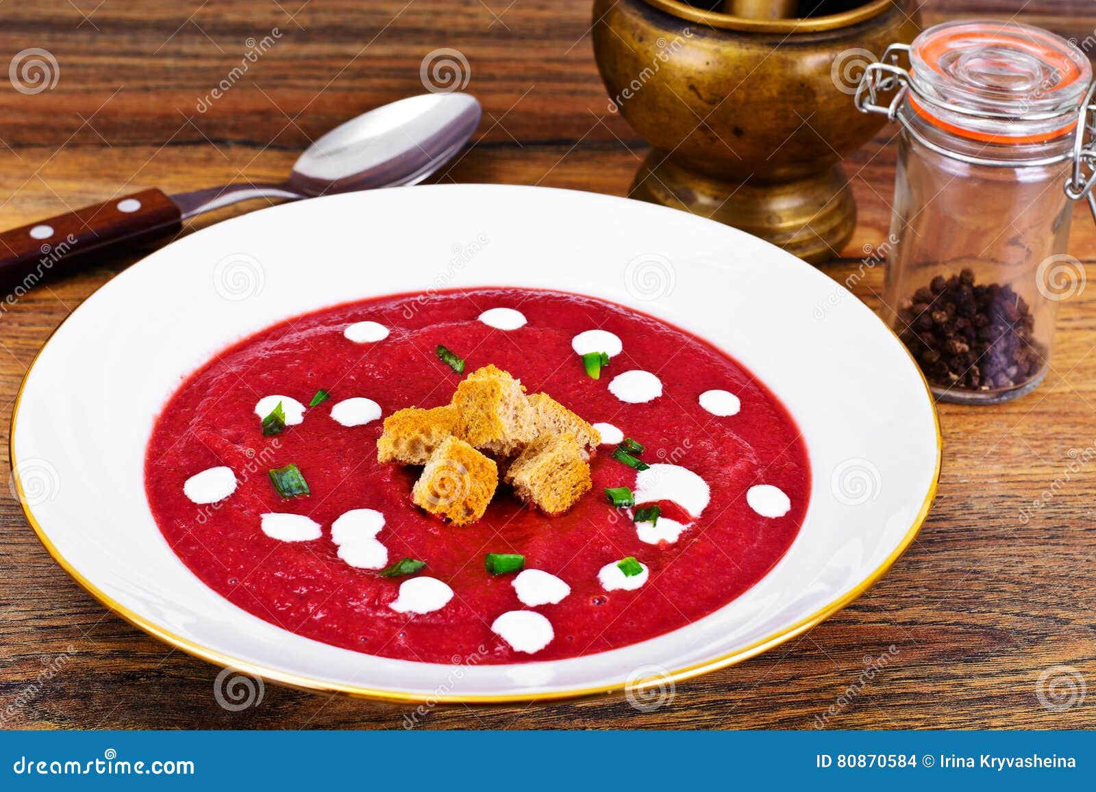 Beetroot Puree Soup with Sour Cream Stock Photo - Image of spoon ...