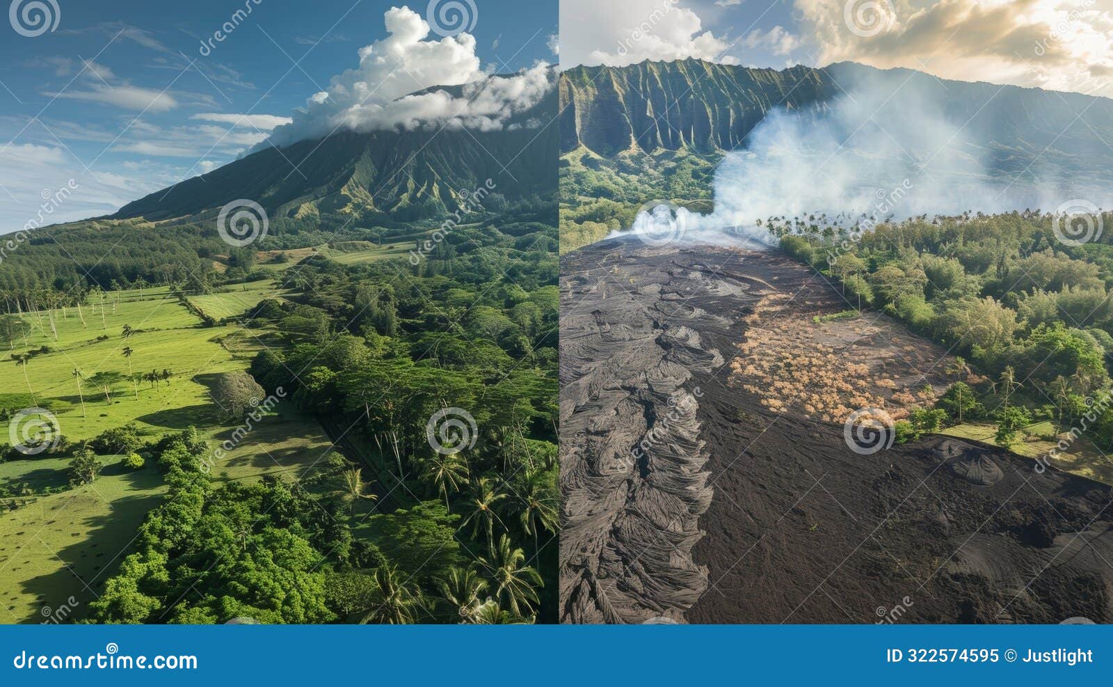 A Beforeandafter Comparison of a Landscape with One Side Showing Lush ...