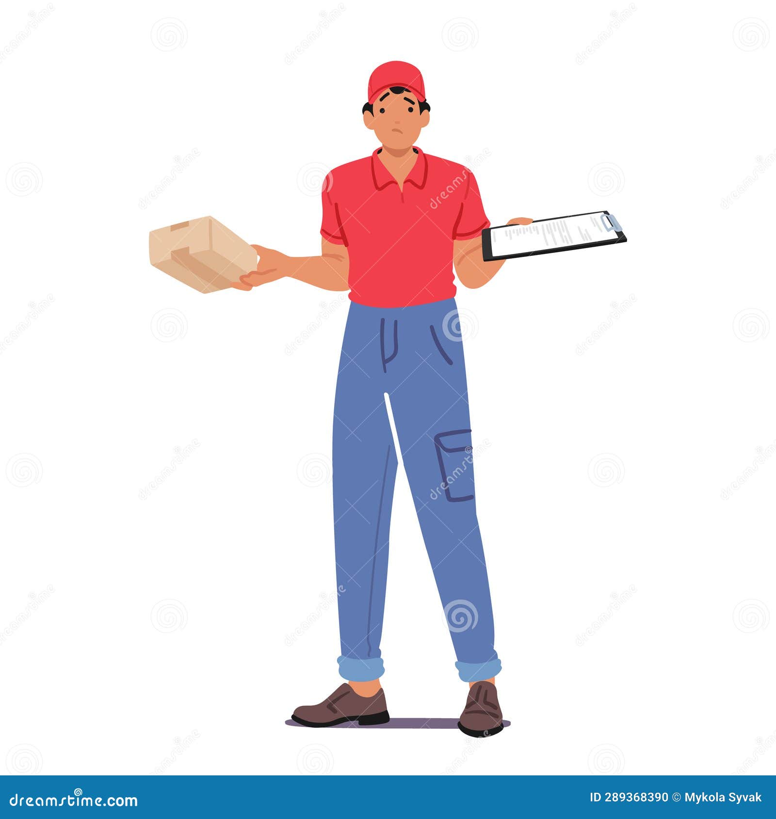 Befuddled Courier Character Holds a Parcel in One Hand and a Clipboard ...