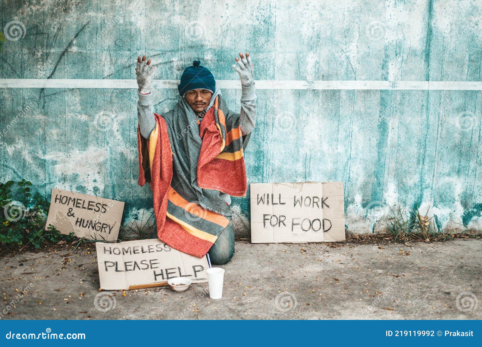 The Beggars Sat beside the Street with a Homeless Message. Please Help ...