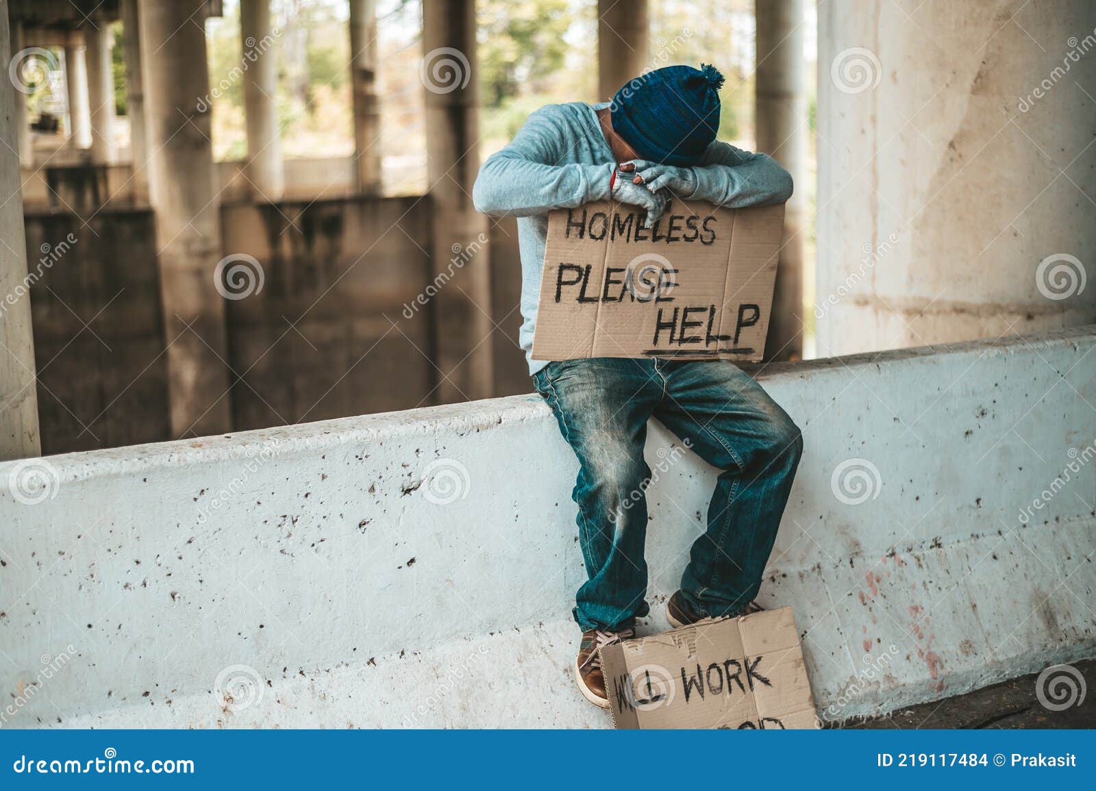 Beggars Sit on Barriers with Homeless Please Help Messages Stock Photo ...