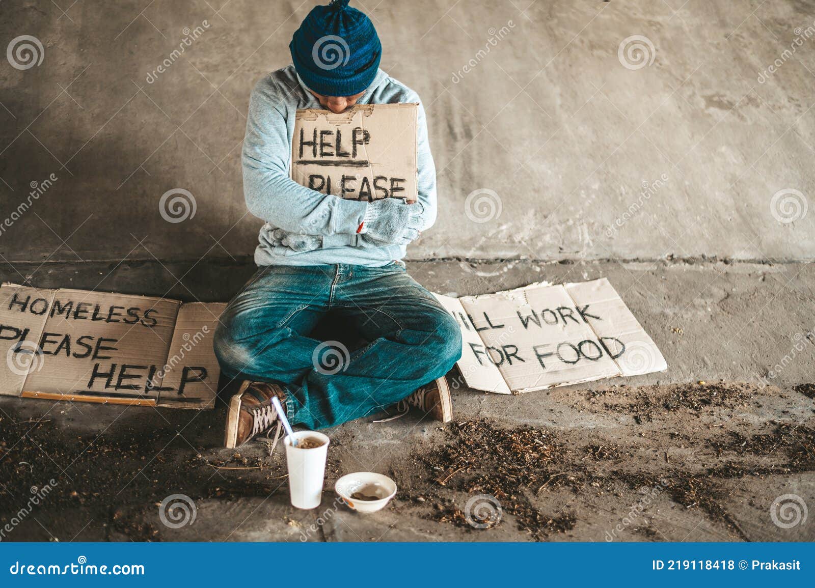Beggars Sitting Under the Bridge with a Sign, Help Please Stock Photo ...