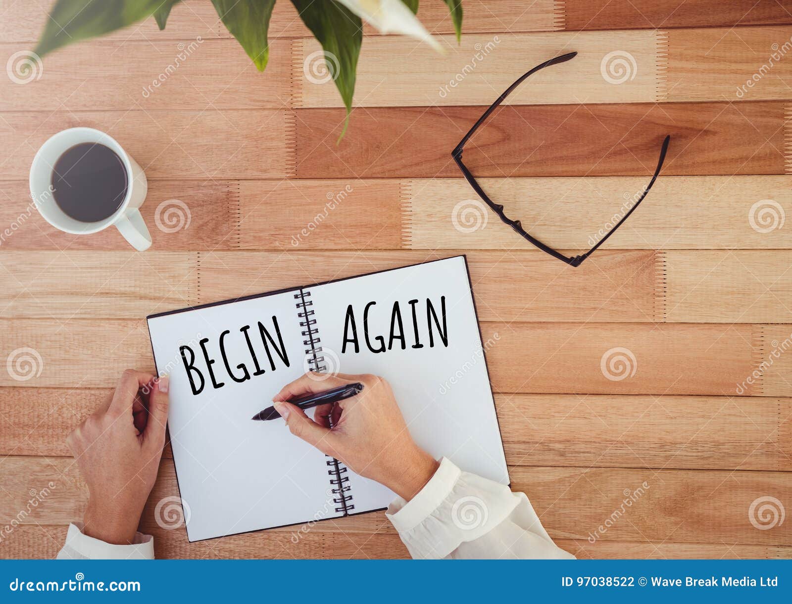 Begin Again Text Written on Page with Coffee and Glasses Stock Photo ...