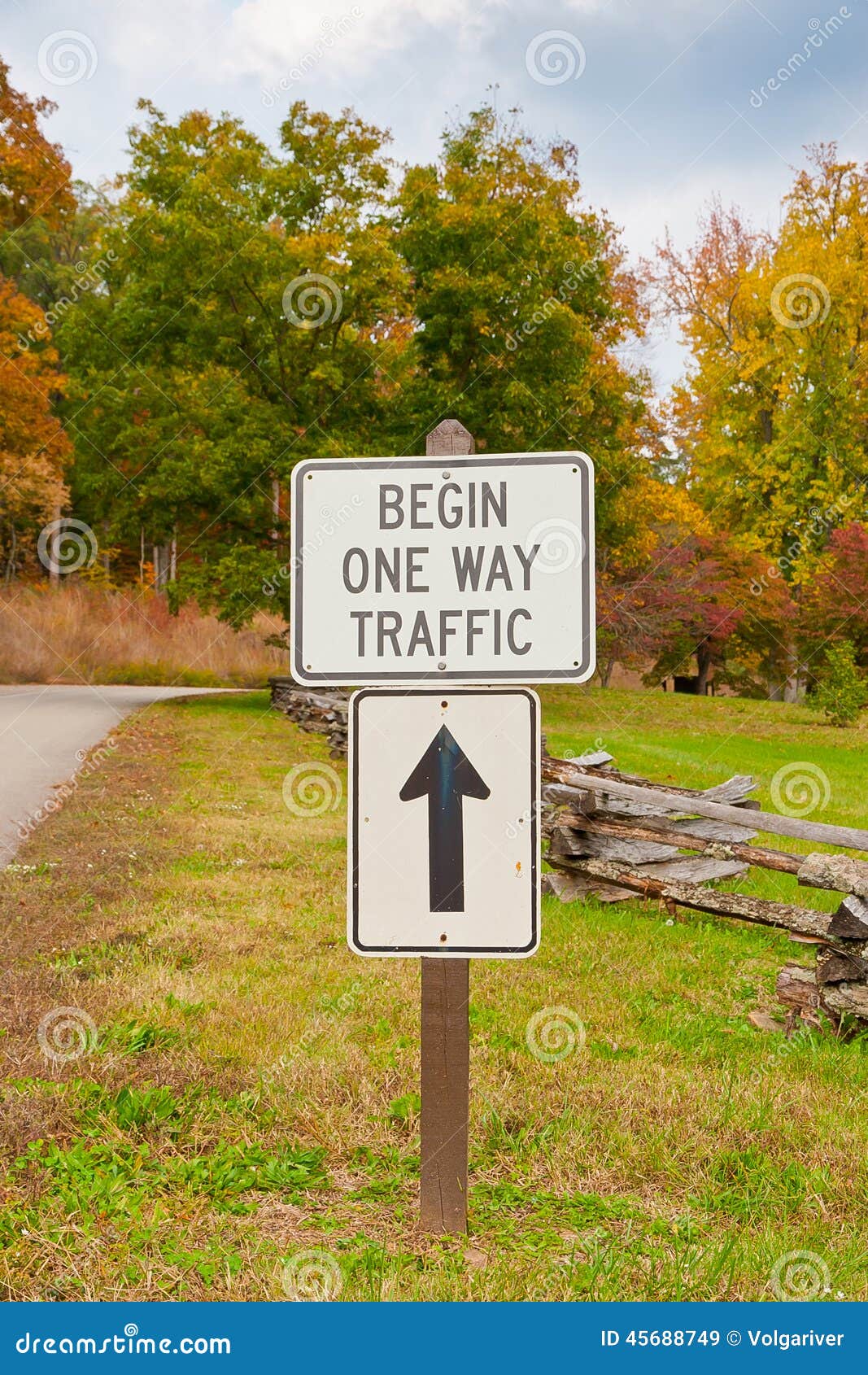 Begin One Way Traffic Sign in a Park Stock Image - Image of autumn ...