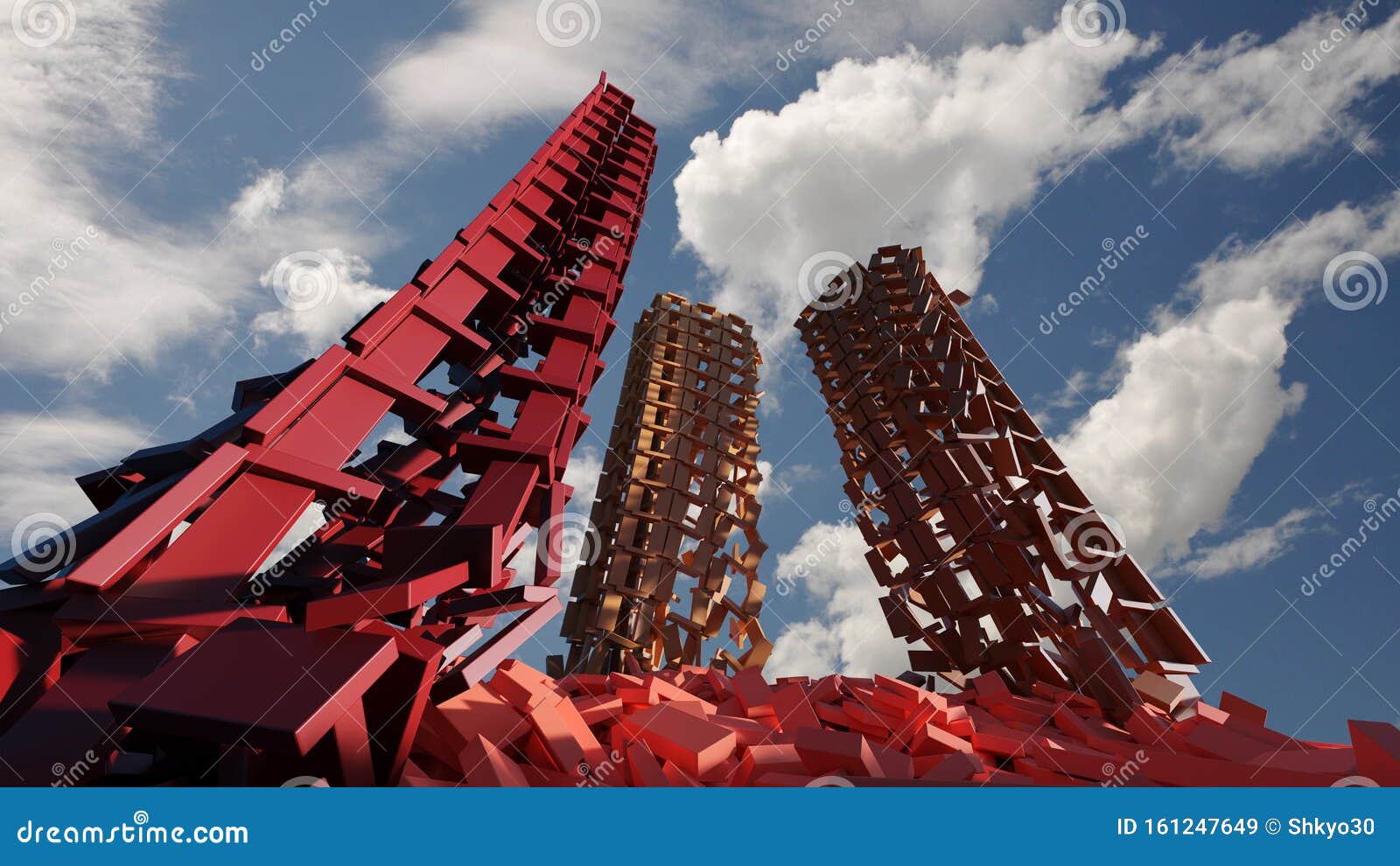 Beginning of Falling Down of Three Buildings of Great Many Blocks with ...