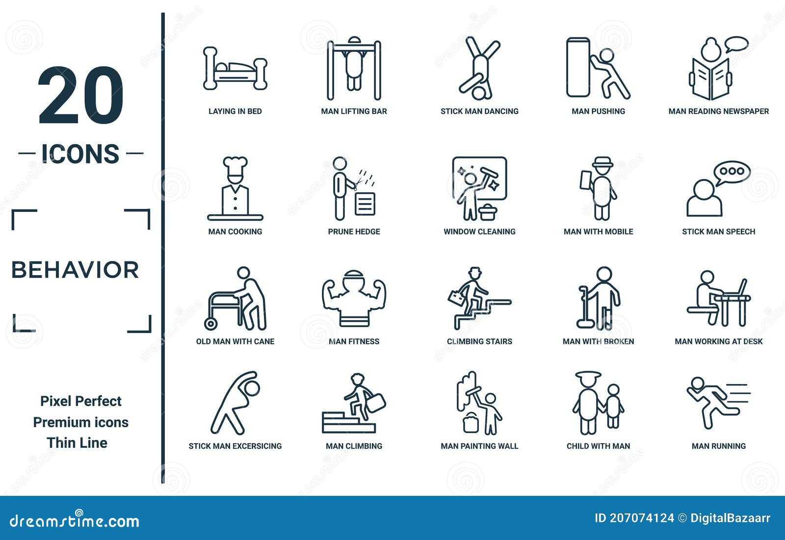 Behavior Linear Icon Set. Includes Thin Line Man Climbing, Rope Jumping ...