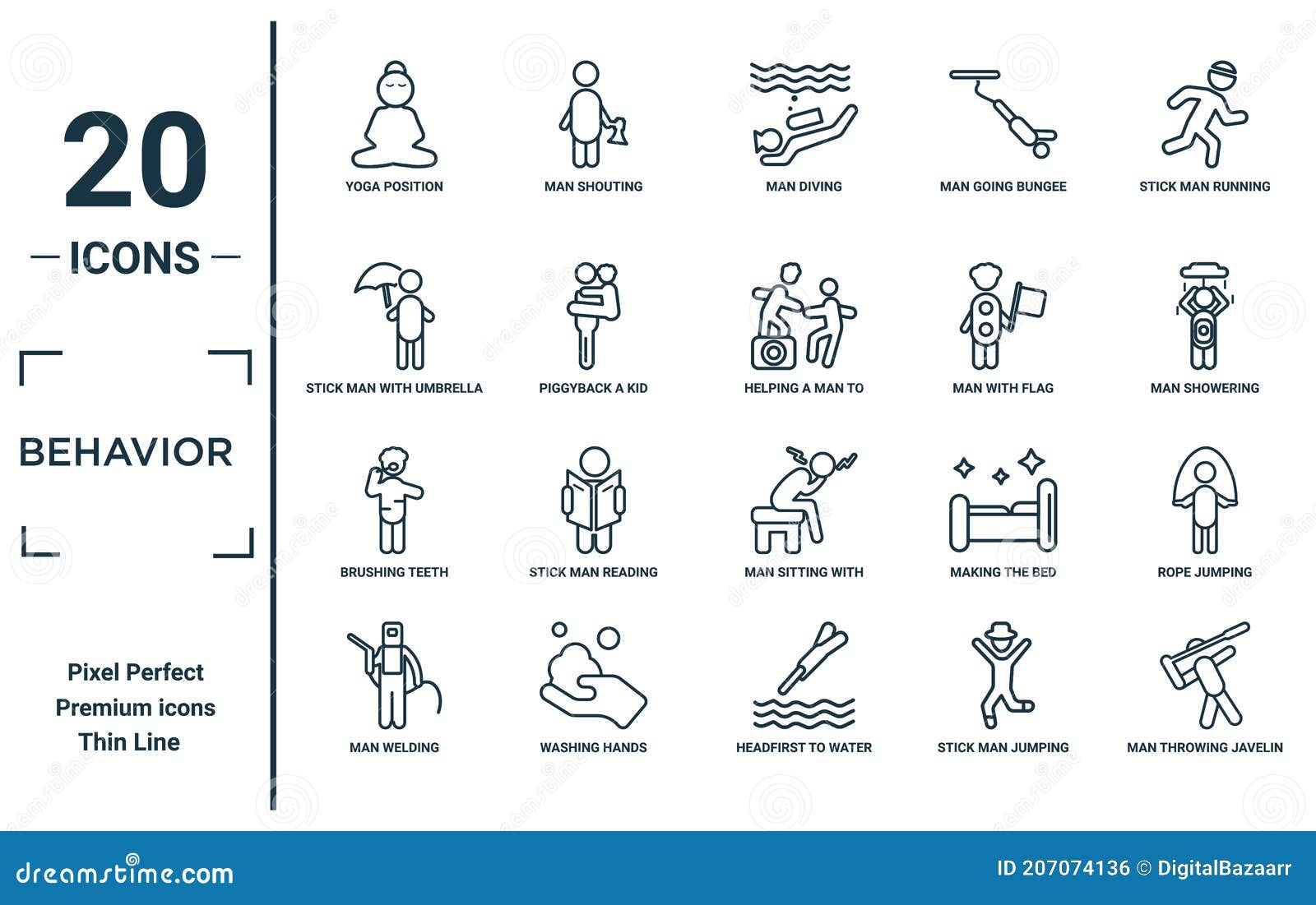 Behavior Linear Icon Set. Includes Thin Line Yoga Position, Stick Man ...