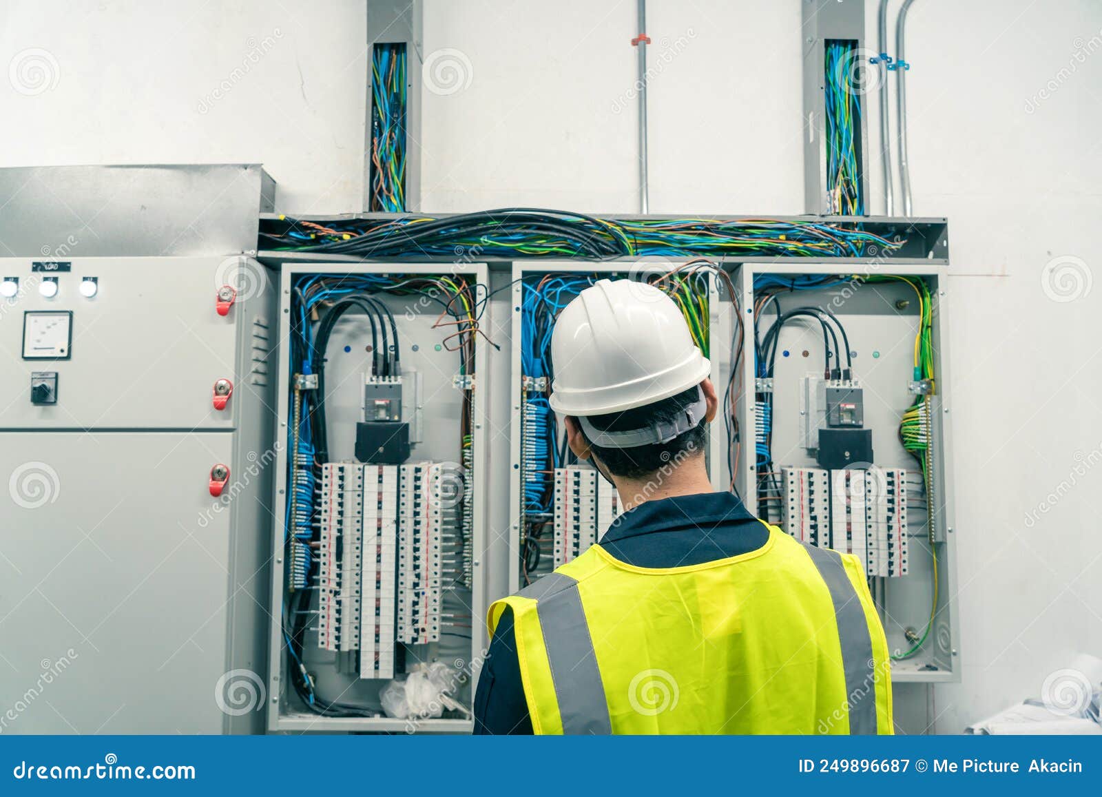 Electrician Service. Installer Melting Cable In Junction Box Royalty ...