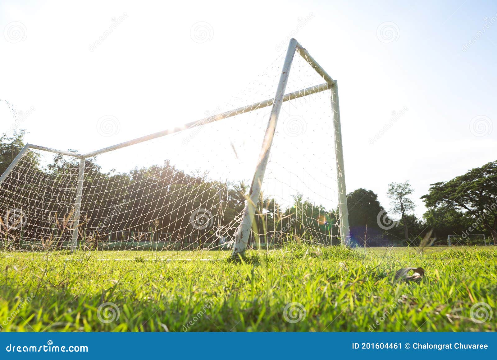 Behind the Goal Football on the Field with Sunlight Stock Image - Image ...