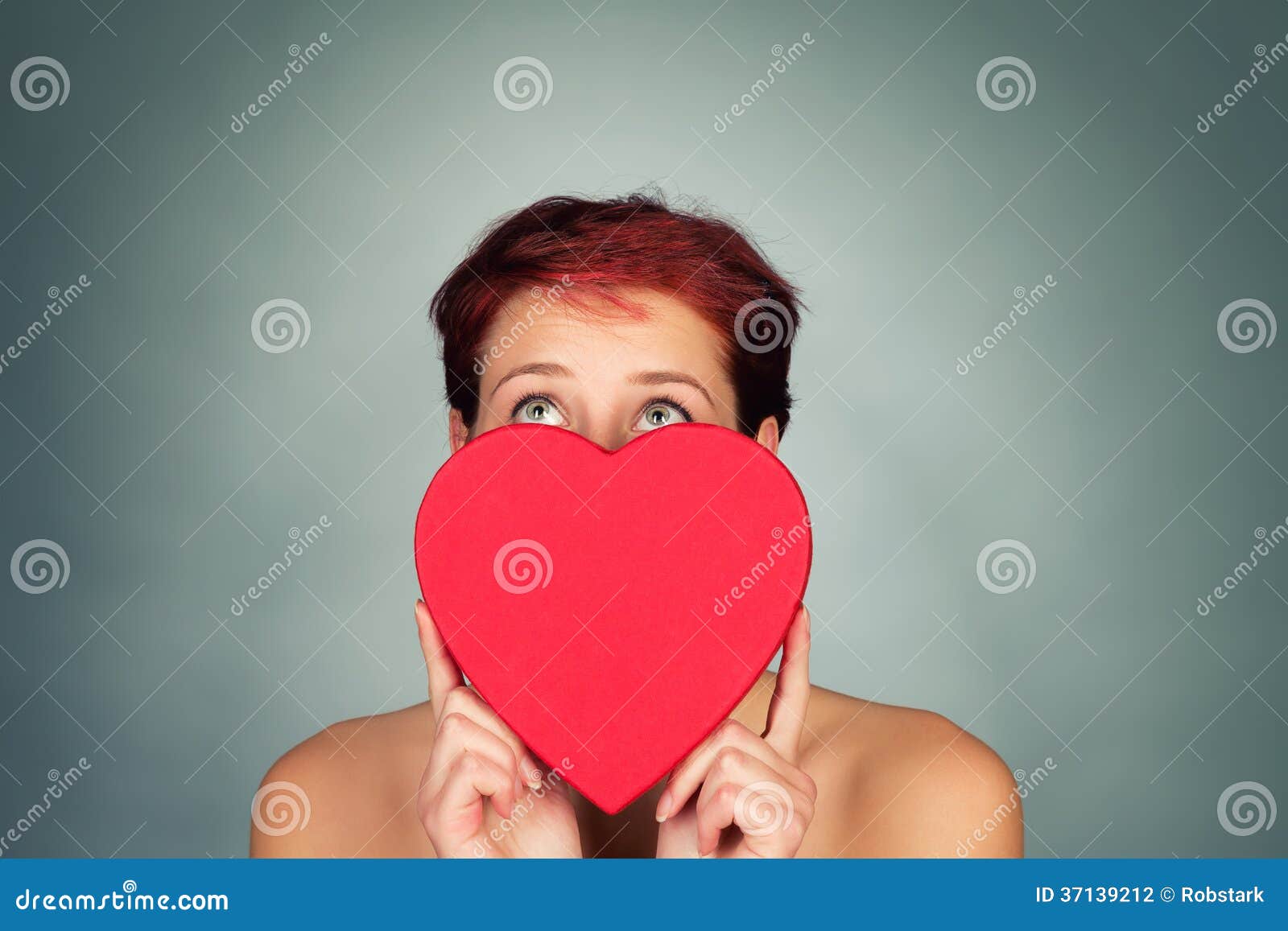 Behind a Red Heart Looking Up Stock Photo - Image of person, holidays ...